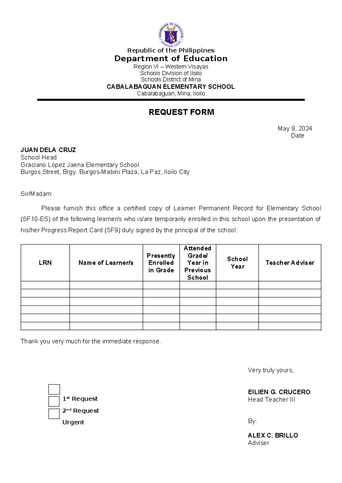 Request Form for SF10-ES: Learner Permanent Record Request - Studocu