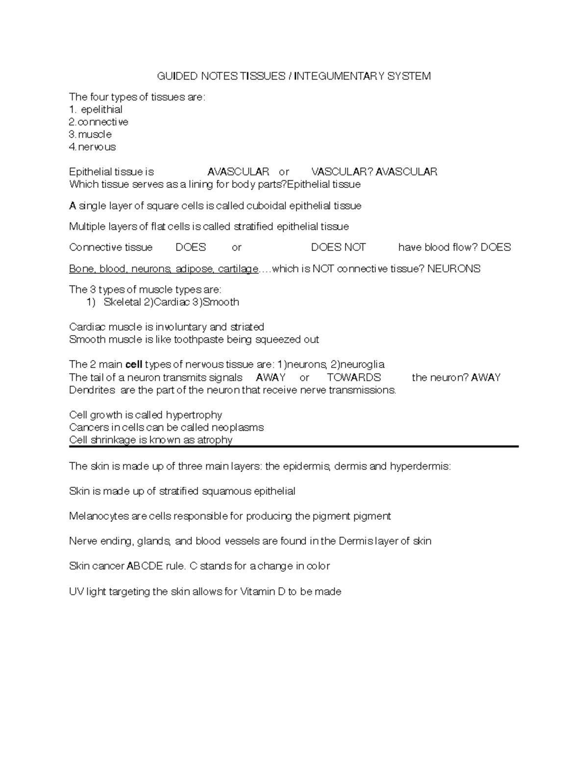 Guided Notes: Tissues & Integumentary System (BIO 101) - Studocu