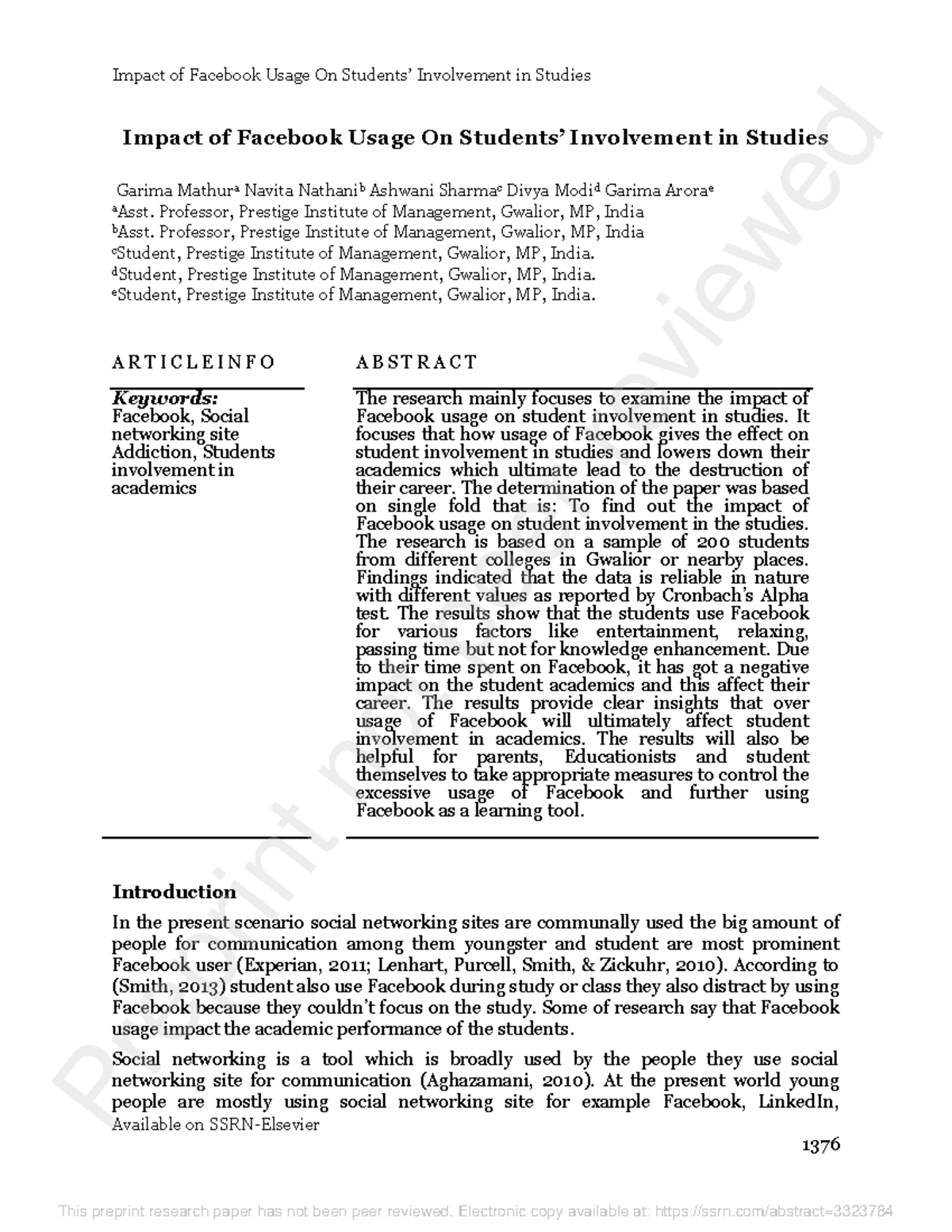 Impact of Facebook Usage On Students’ Involvement in Studies ...