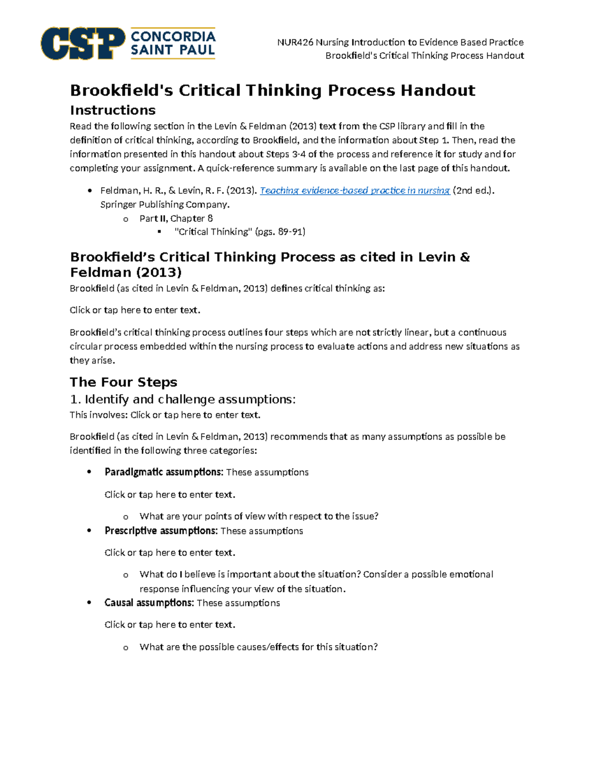 NUR426 Brookfield's Critical Thinking Process: Evidence-Based Practice ...