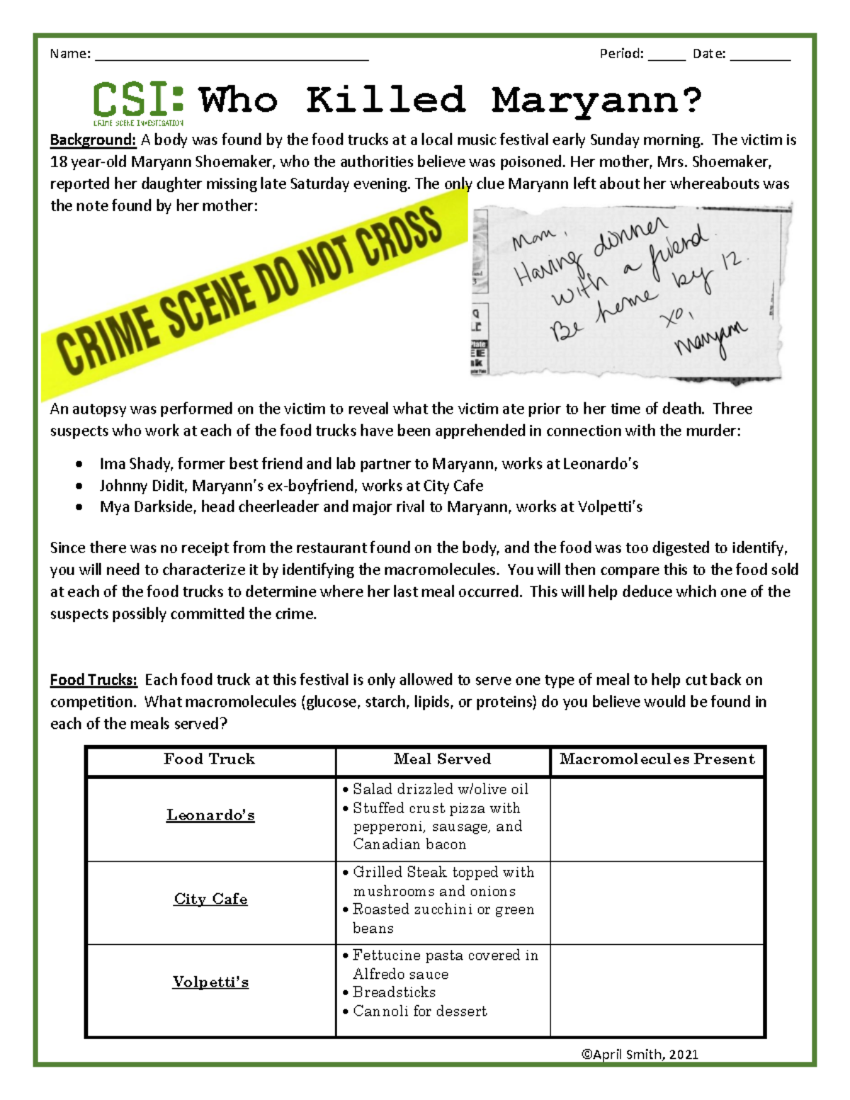 Biomolecule Murder Mystery Lab (BIO 101) - Student Sheet - Studocu