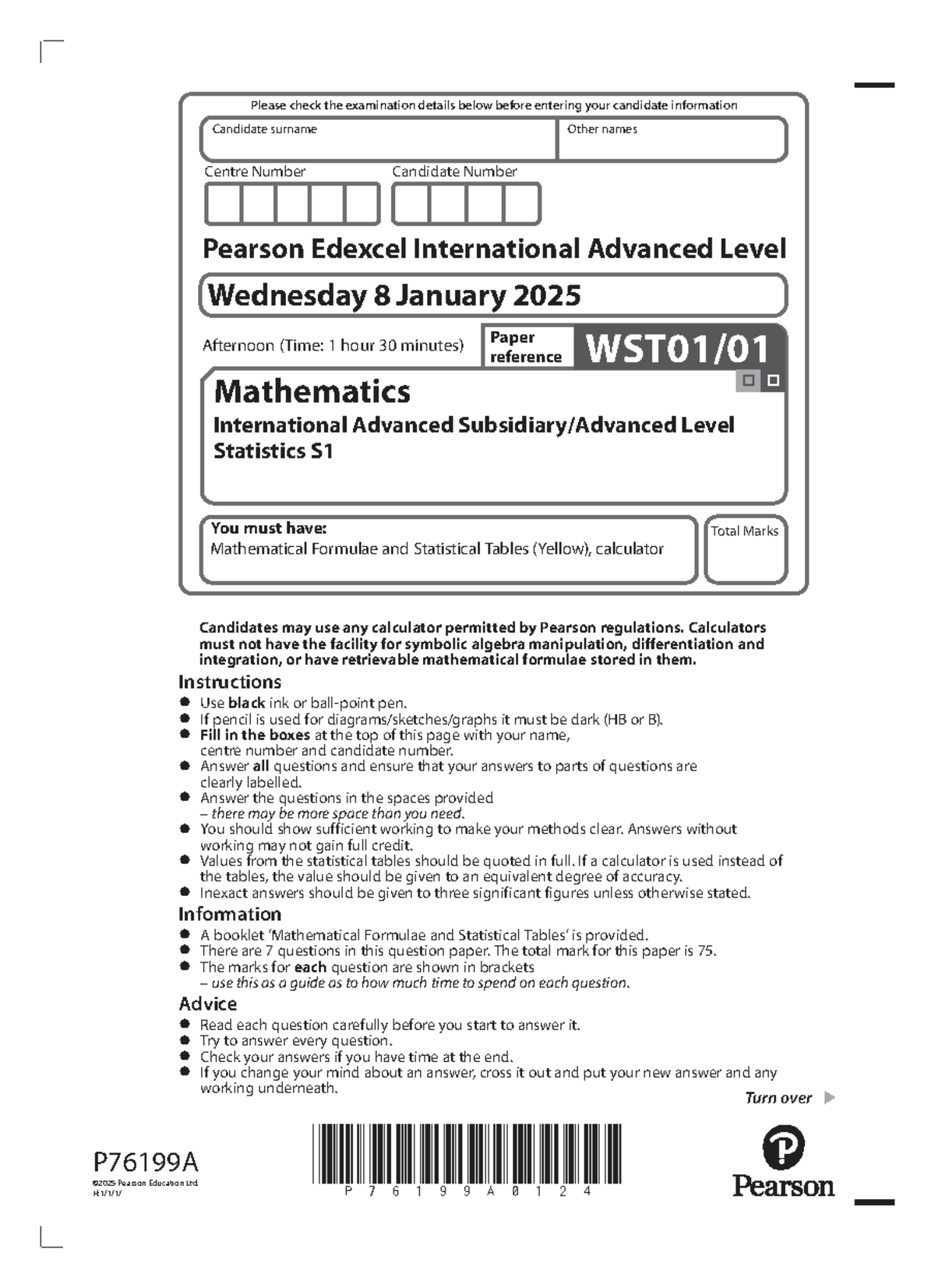 Mathematics IAL Statistics S1 Exam Details - January 2025 - Studocu