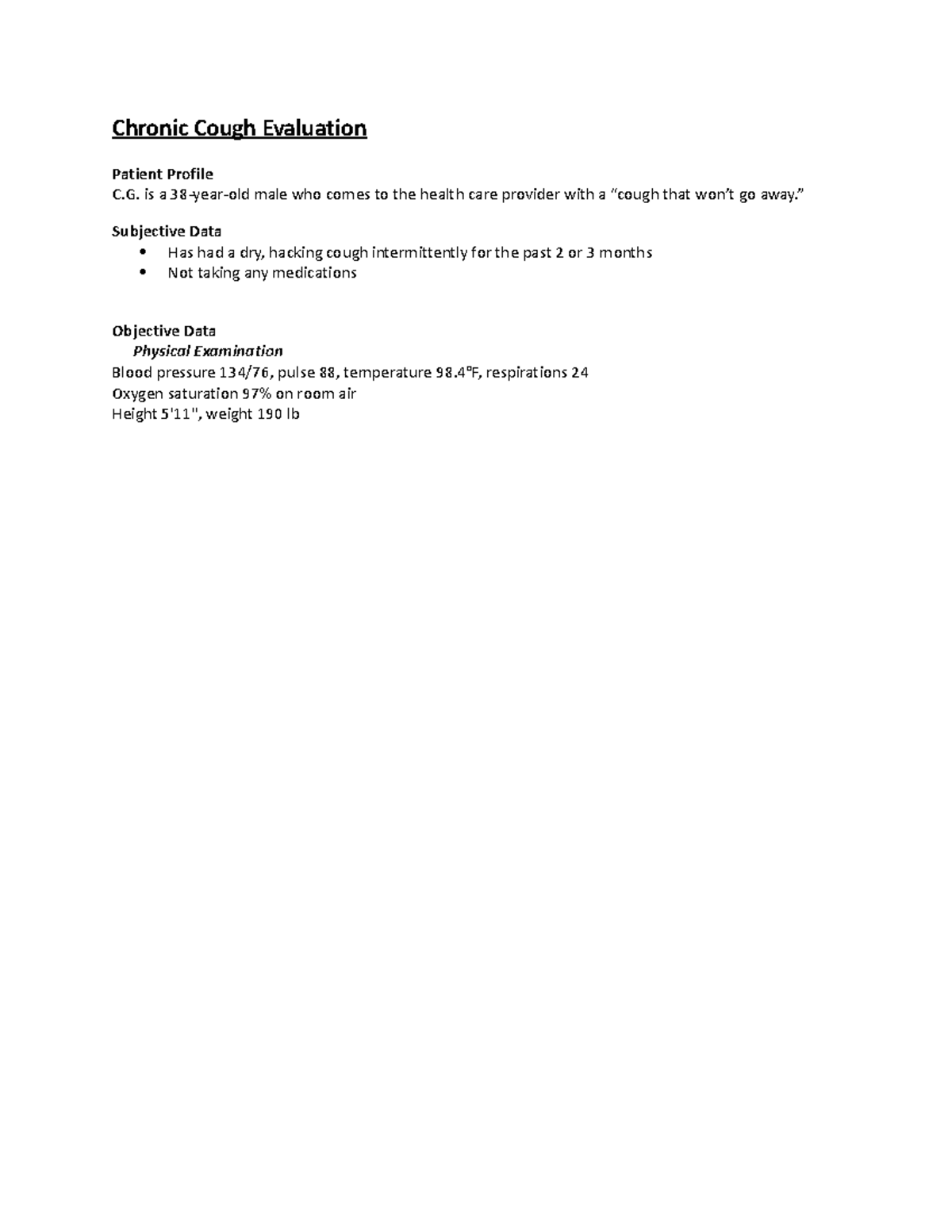 Chronic Cough Evaluation - Chronic Cough Evaluation Patient Profile C ...