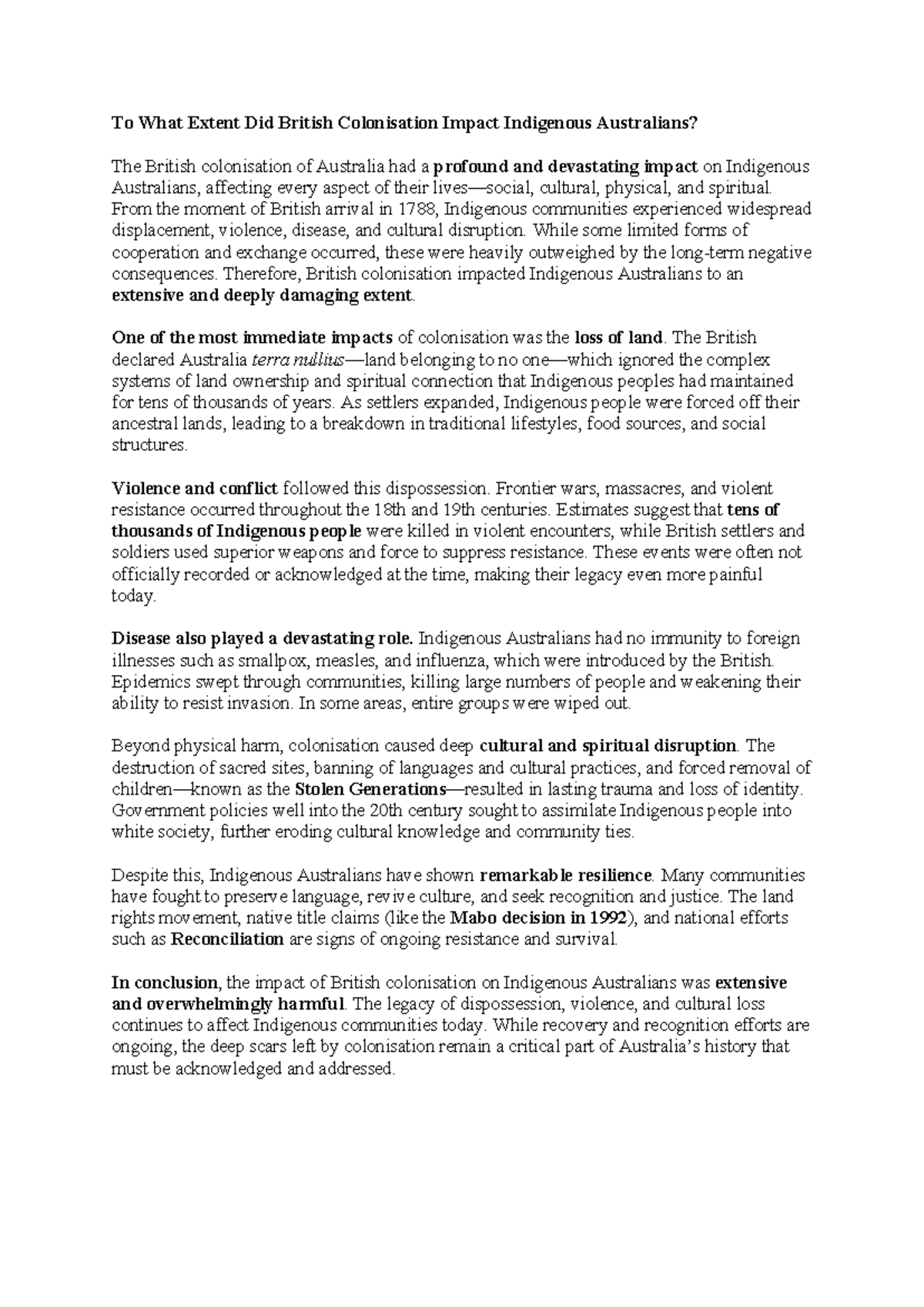The Impact of British Colonisation on Indigenous Australians: A ...