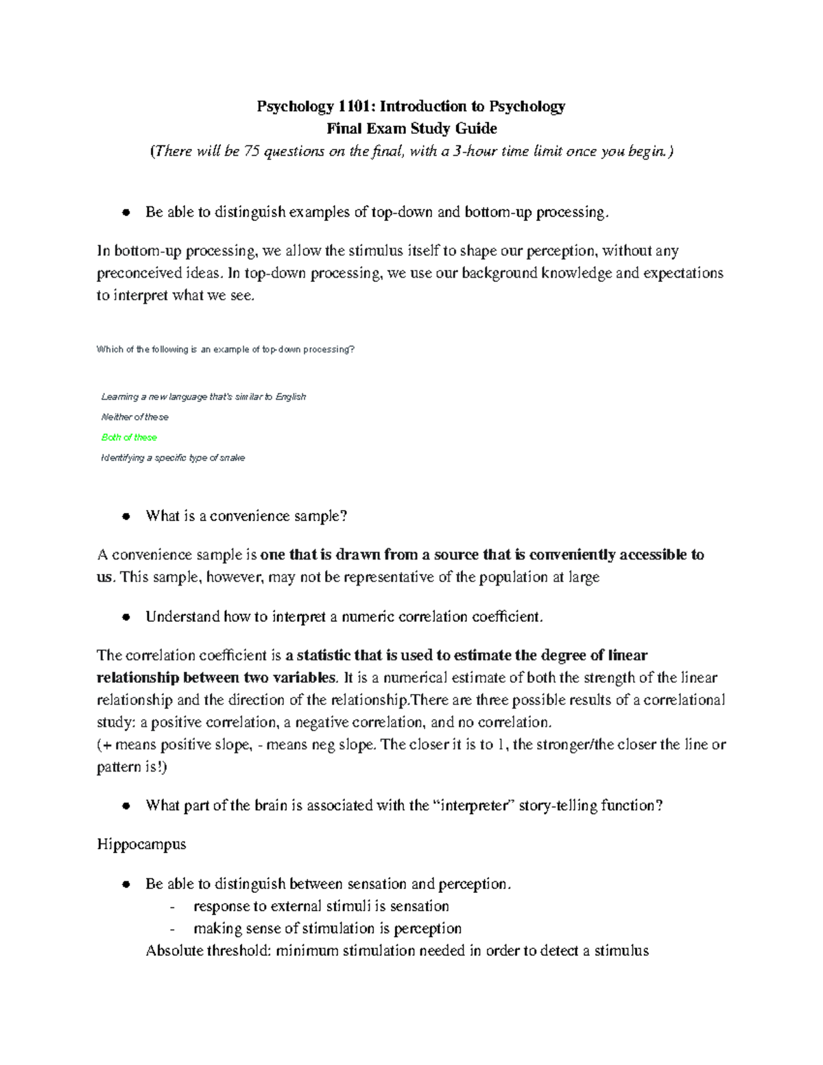 Psychology Review for Final - Psychology 1101: Introduction to ...