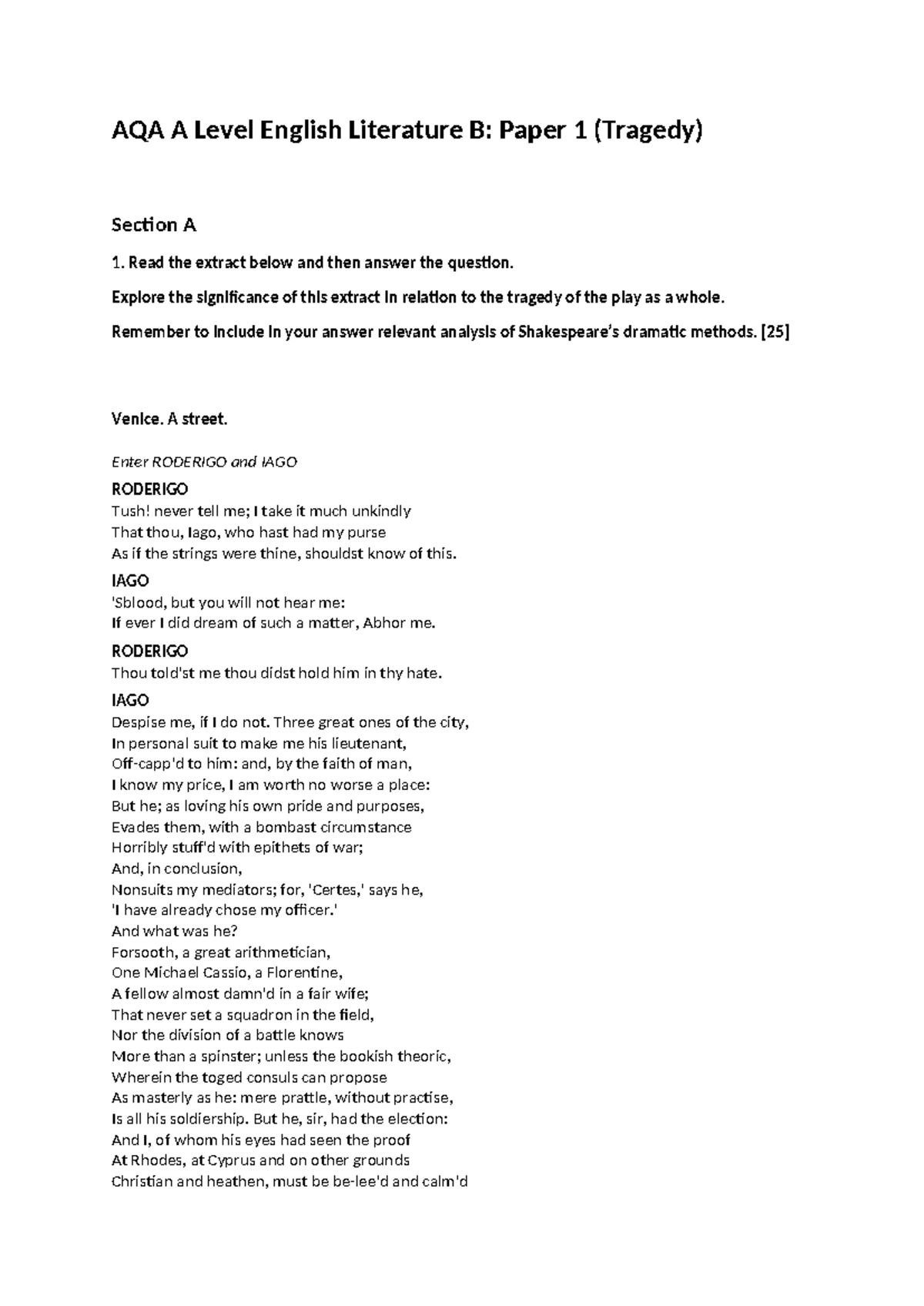 Othello AQA A Level English Literature B - Practice Questions Analysis ...
