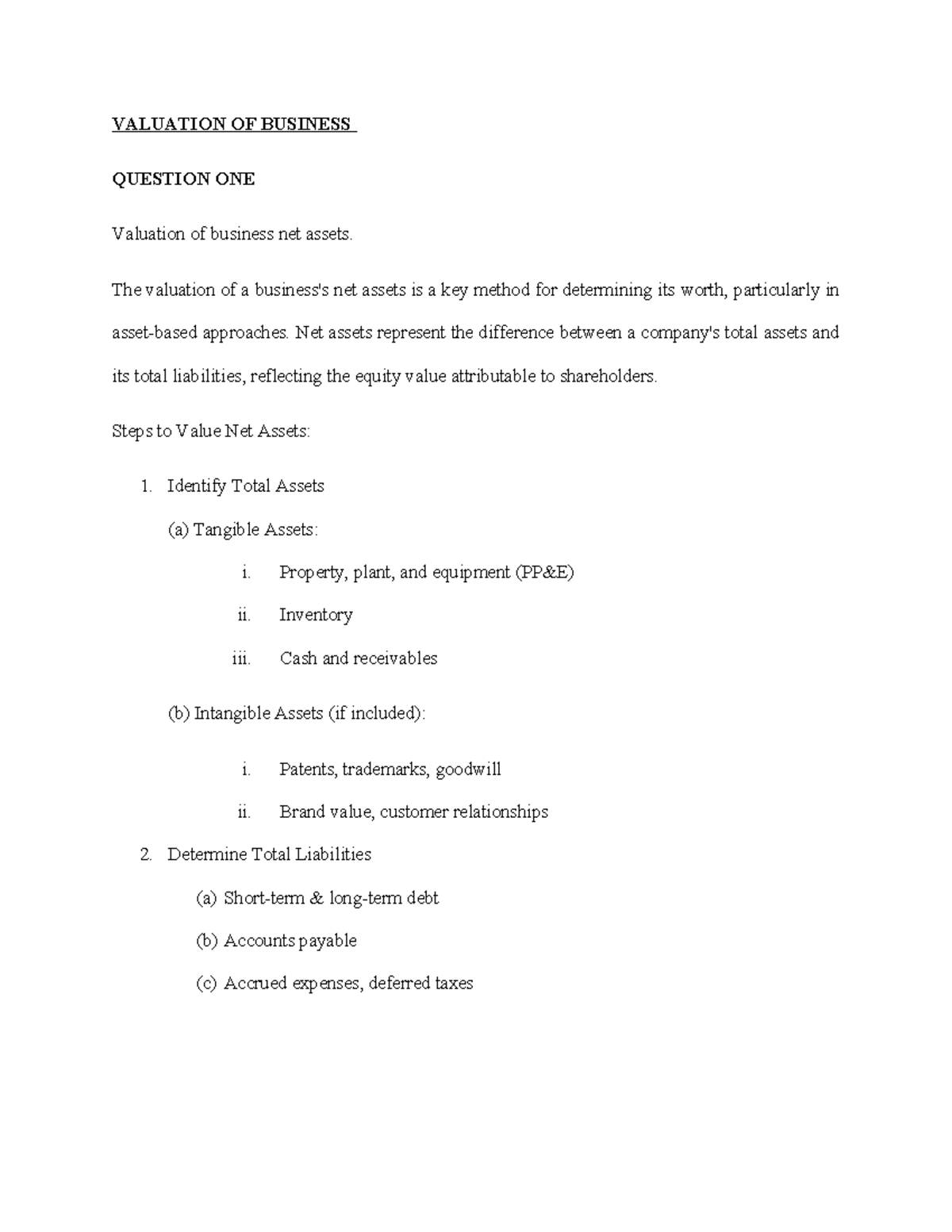 Valuation of Business Net Assets: Key Concepts and Methods - Studocu