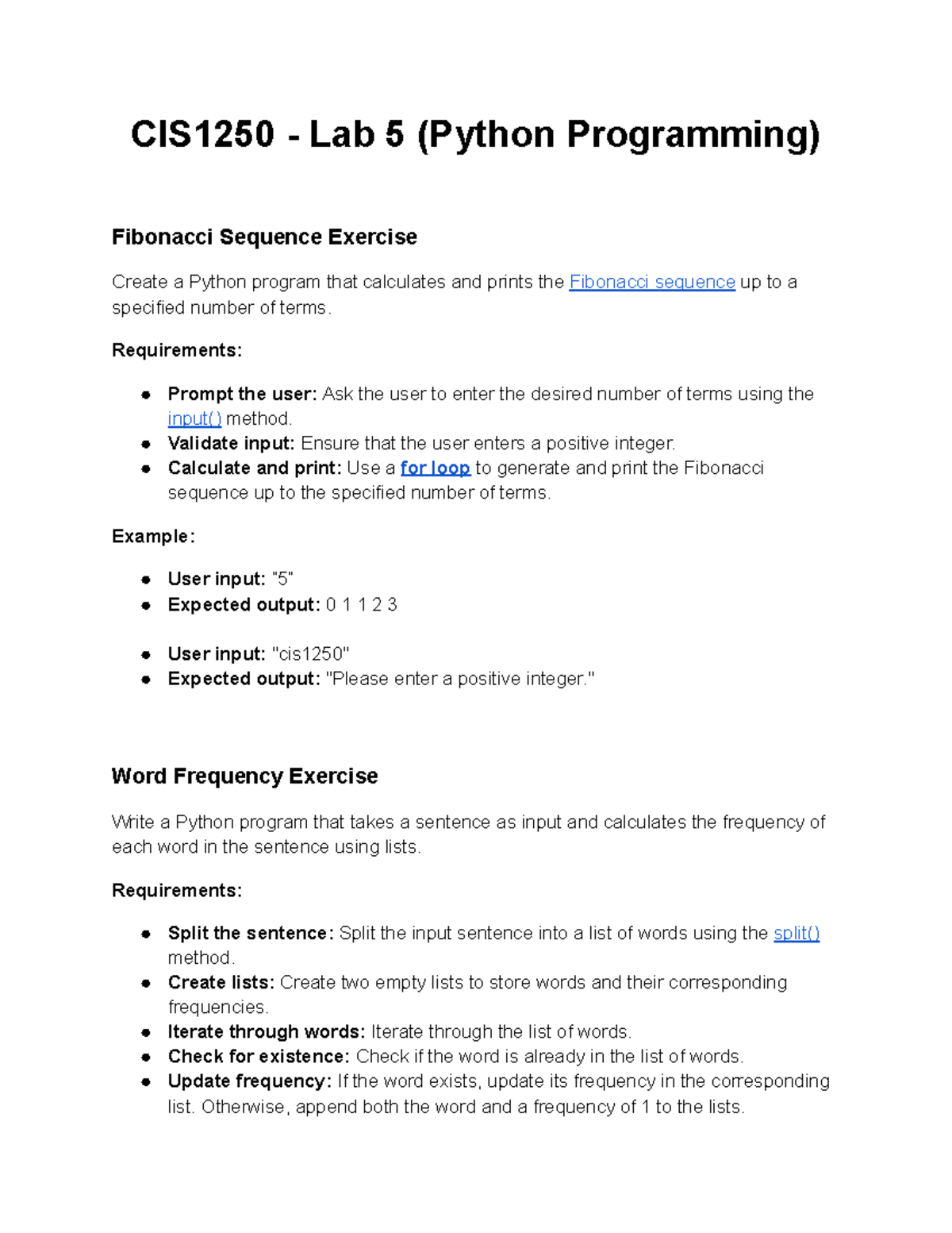 CIS1250 Lab 5: Fibonacci & Word Frequency Python Exercises - Studocu