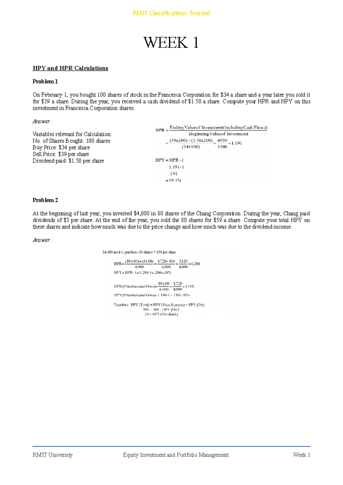 Week 1 - Tutorial Answers - WEEK 1 HPY and HPR Calculations Problem 1 ...