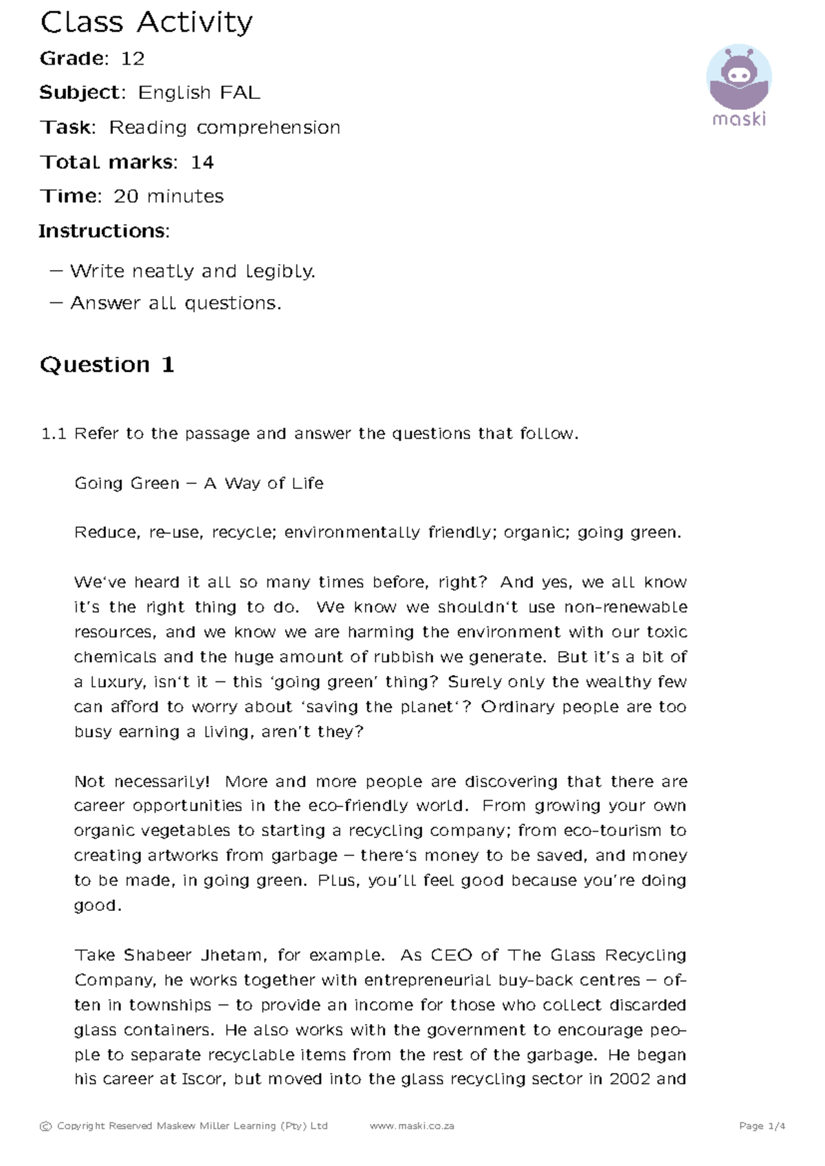 Activity 15: Grade 12 English FAL Reading Comprehension Task - Studocu