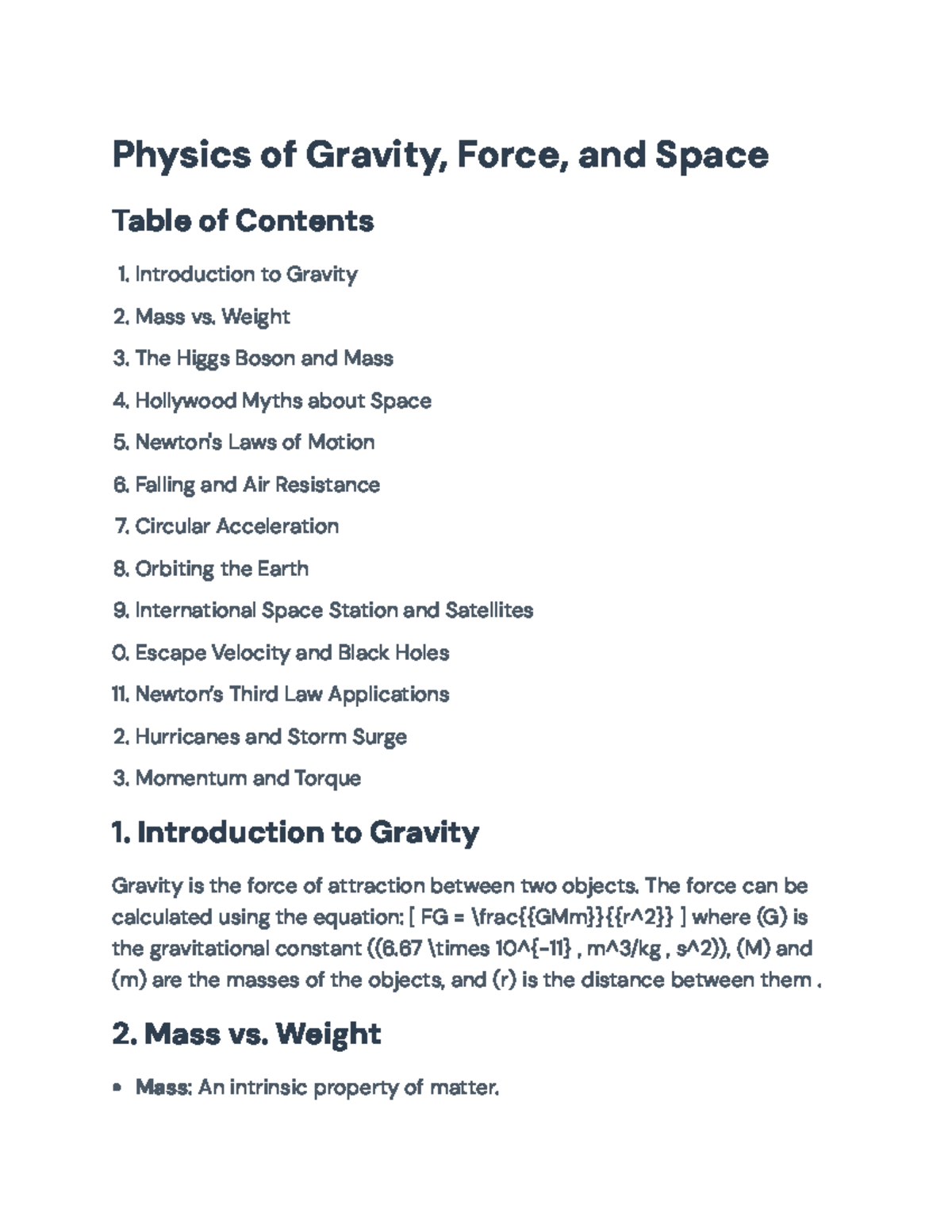 Physics of Gravity, Force, and Space: Overview and Key Concepts ...