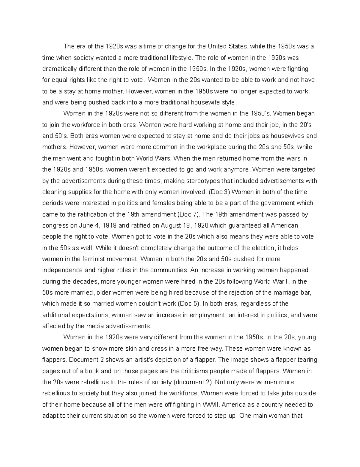 20's vs. 50's Women DBQ - The era of the 1920s was a time of change for ...