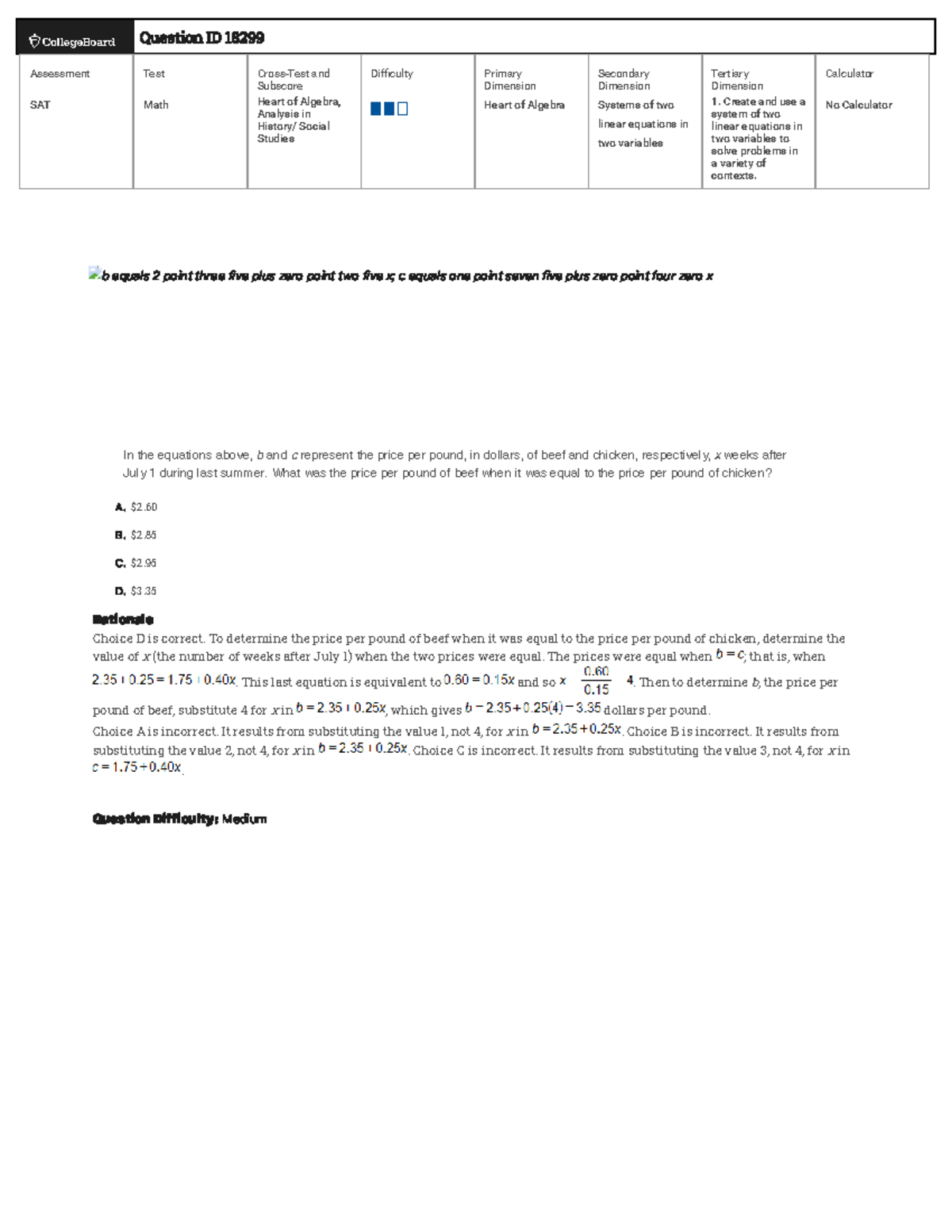 Assessment Test SAT Math: Heart of Algebra Systems of Equations ...