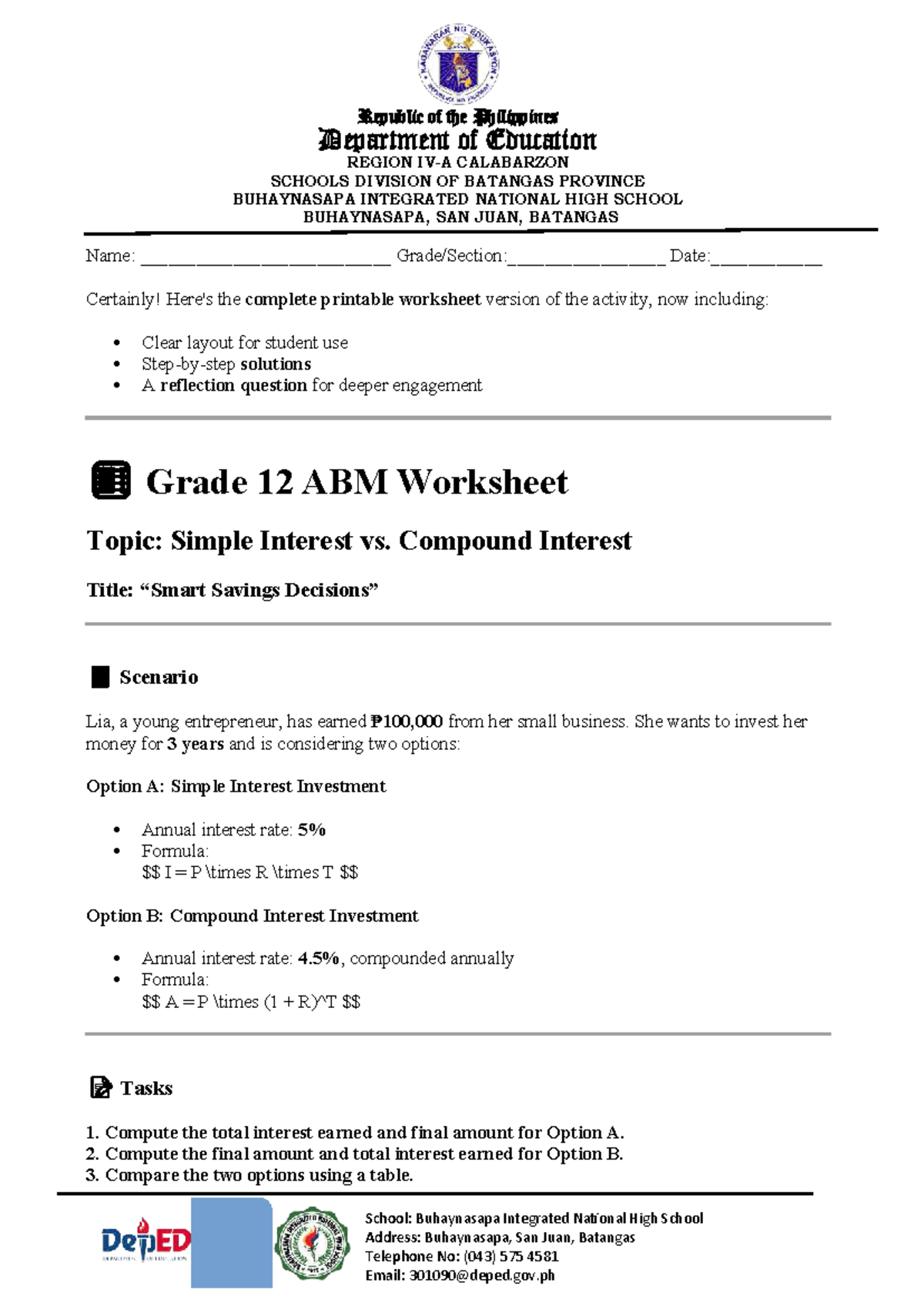 Grade 12 ABM Activity: Simple vs. Compound Interest Worksheet - Studocu