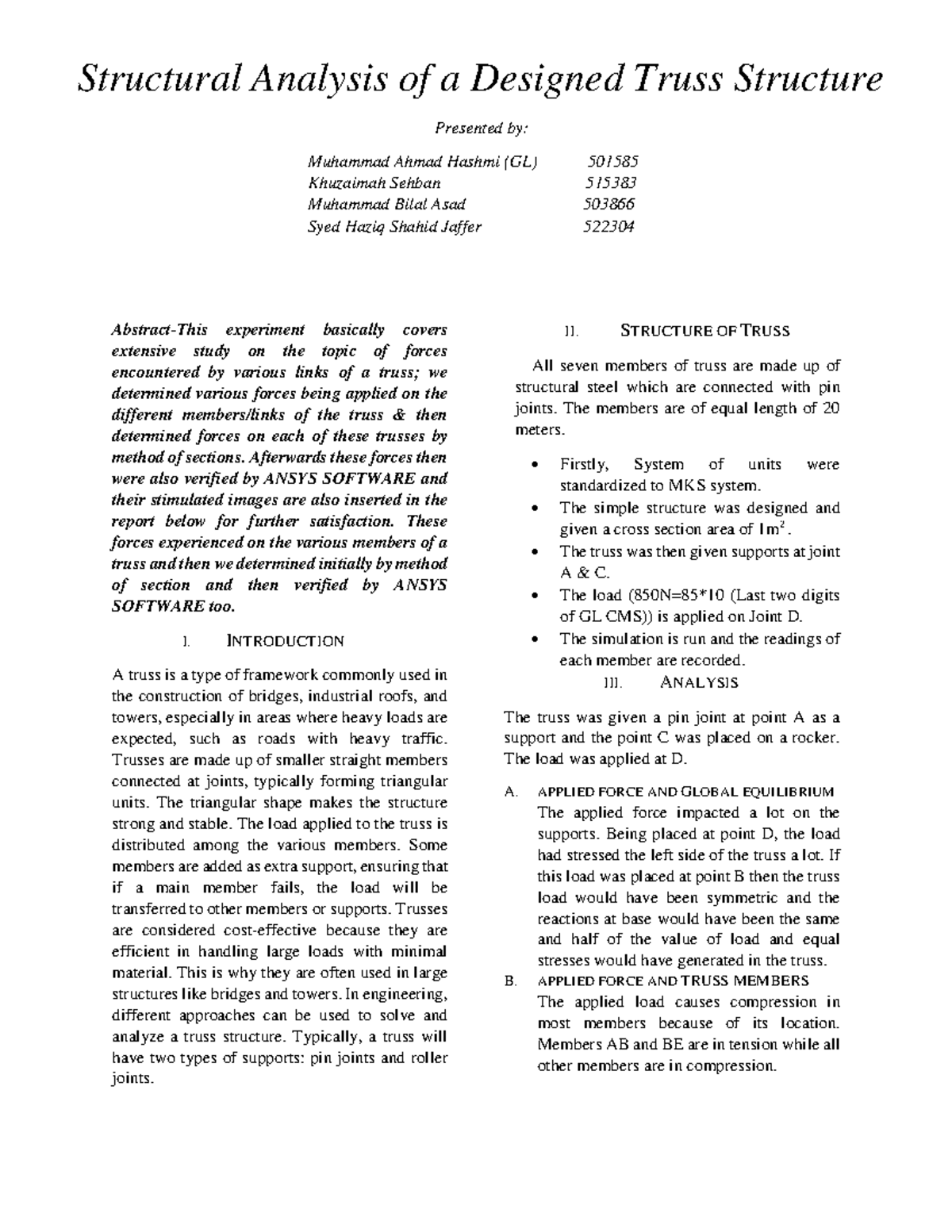 Structural Analysis of Truss Using ANSYS - OEL Report MKBS - Studocu