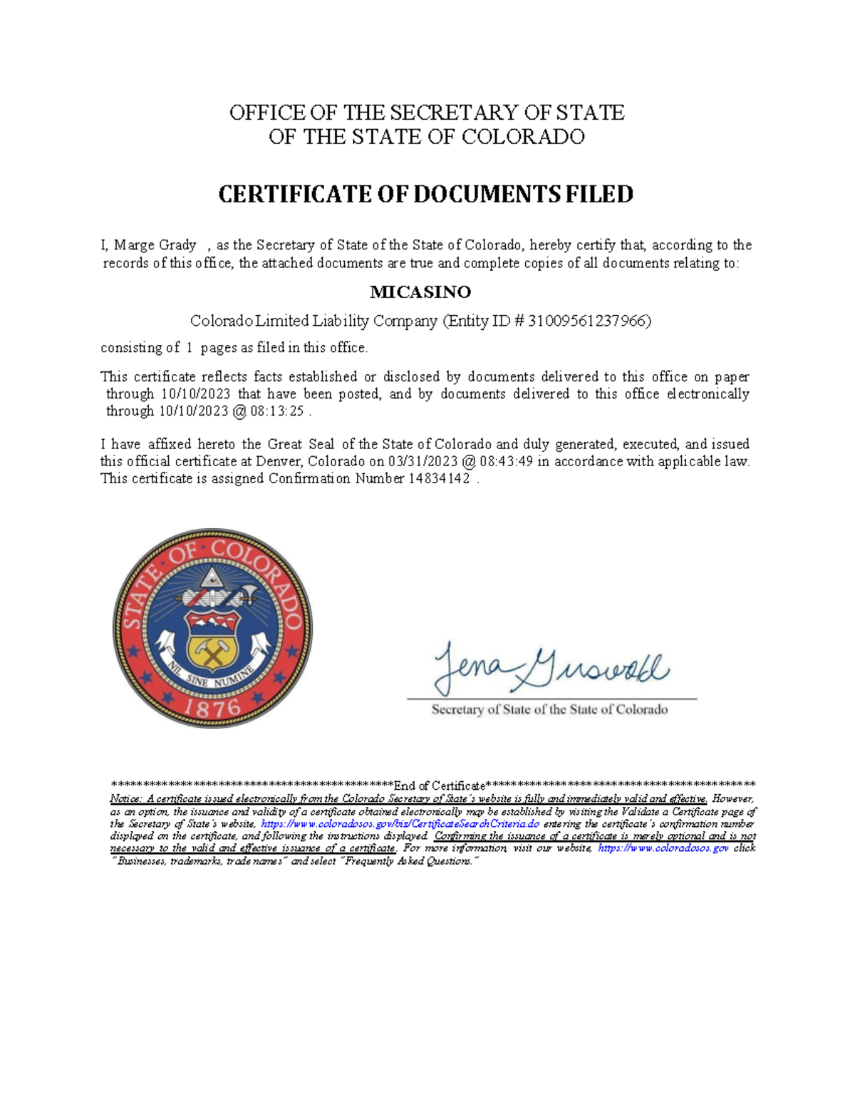 Certificate of Documents Filed for MICASINO LLC - CO Secretary of State ...