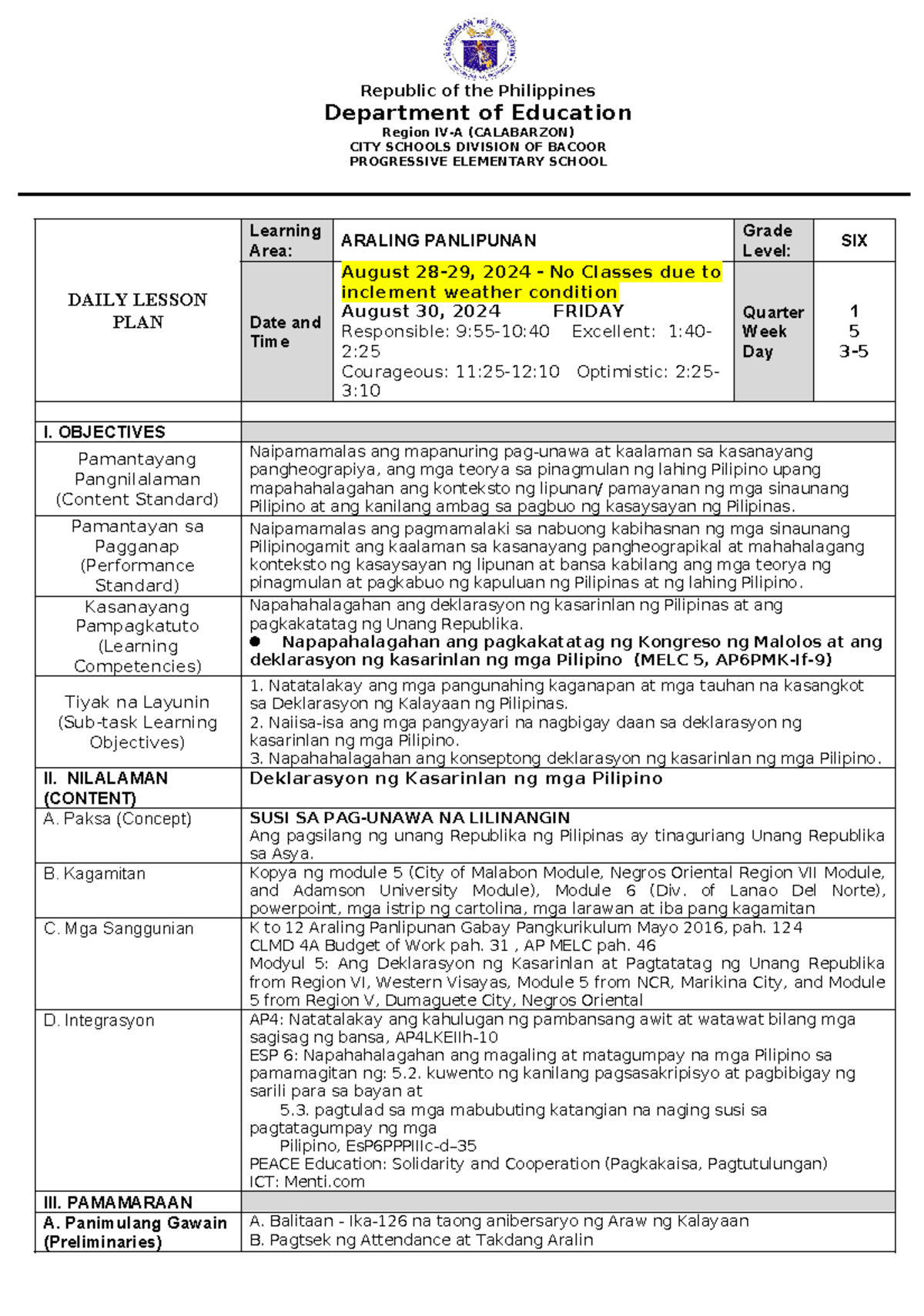 AP 6 Q1 Week 5 Friday F - Lesson Plan on Philippine Independence - Studocu