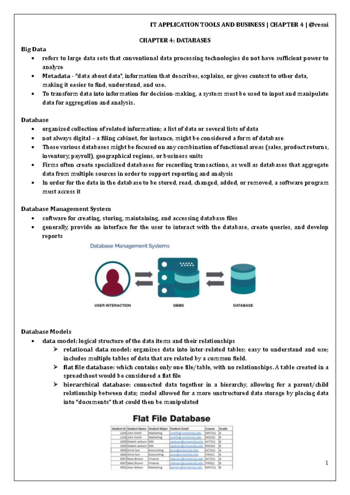 IT APPLICATION TOOLS AND BUSINESS CHAPTER 4: DATABASES OVERVIEW - Studocu