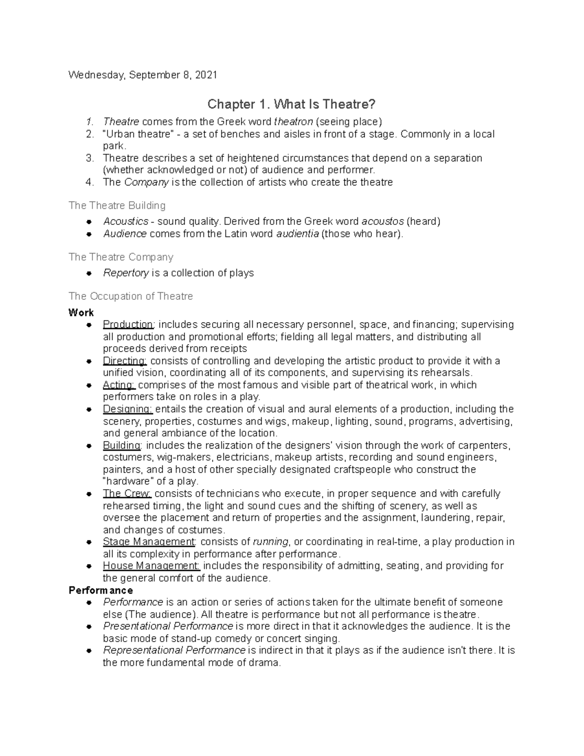 Theatre Chapter Notes - Wednesday, September 8, 2021 Chapter 1. What Is ...