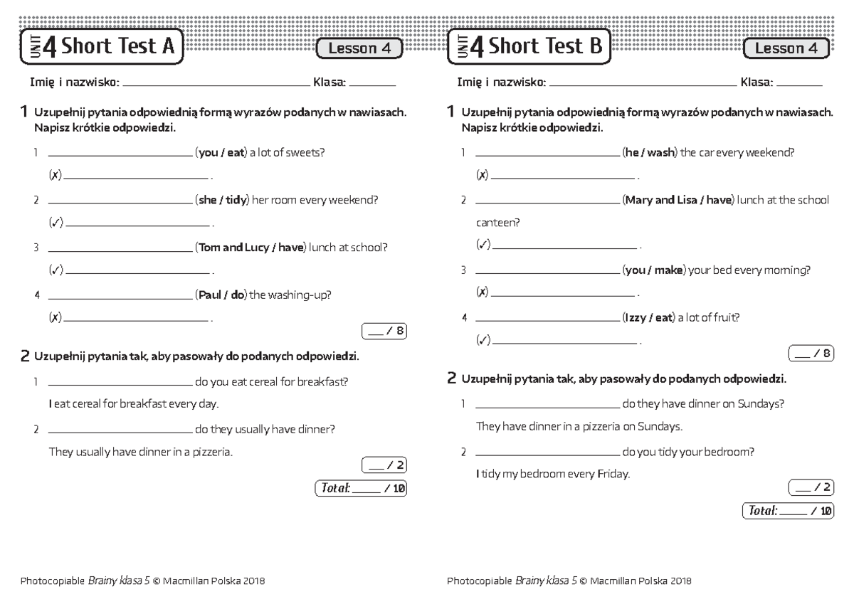 Brainy 5 Short Tests Unit 4 Lesson 4 - Test A & B Overview - Studocu