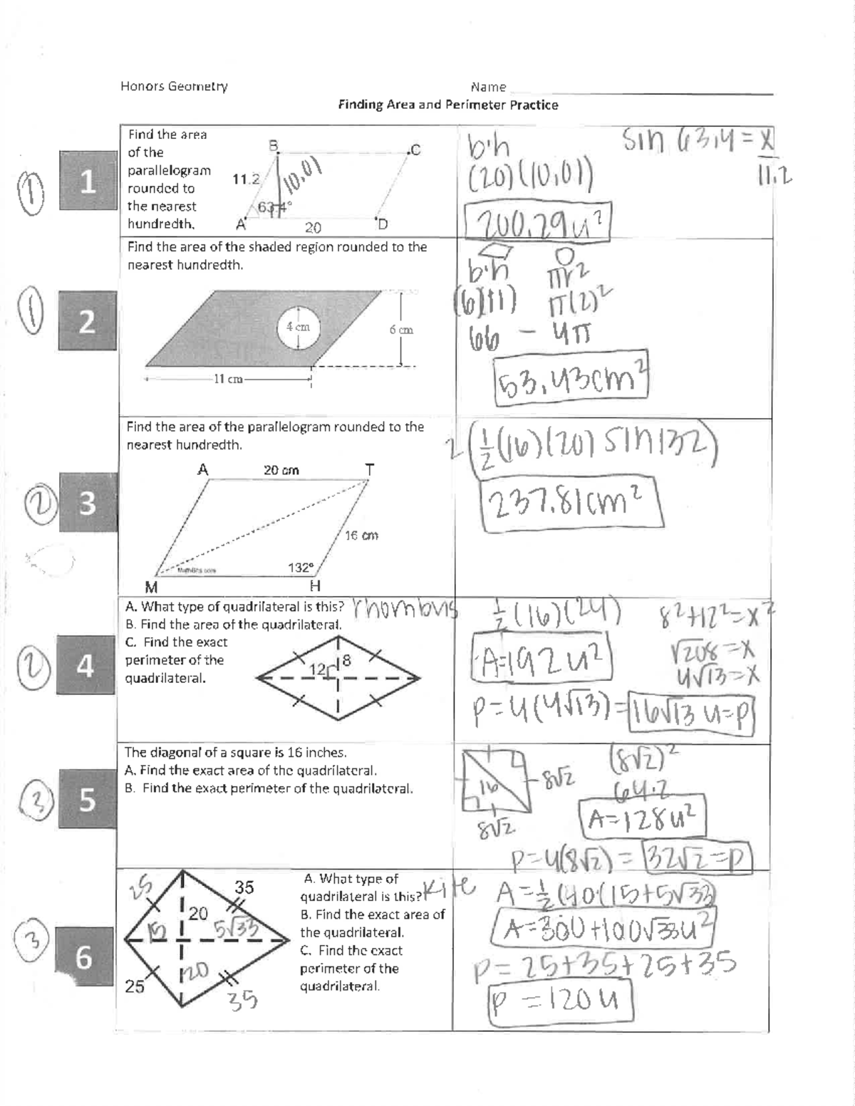 Honors Geometry 6314 Area and Perimeter Practice Key - Studocu