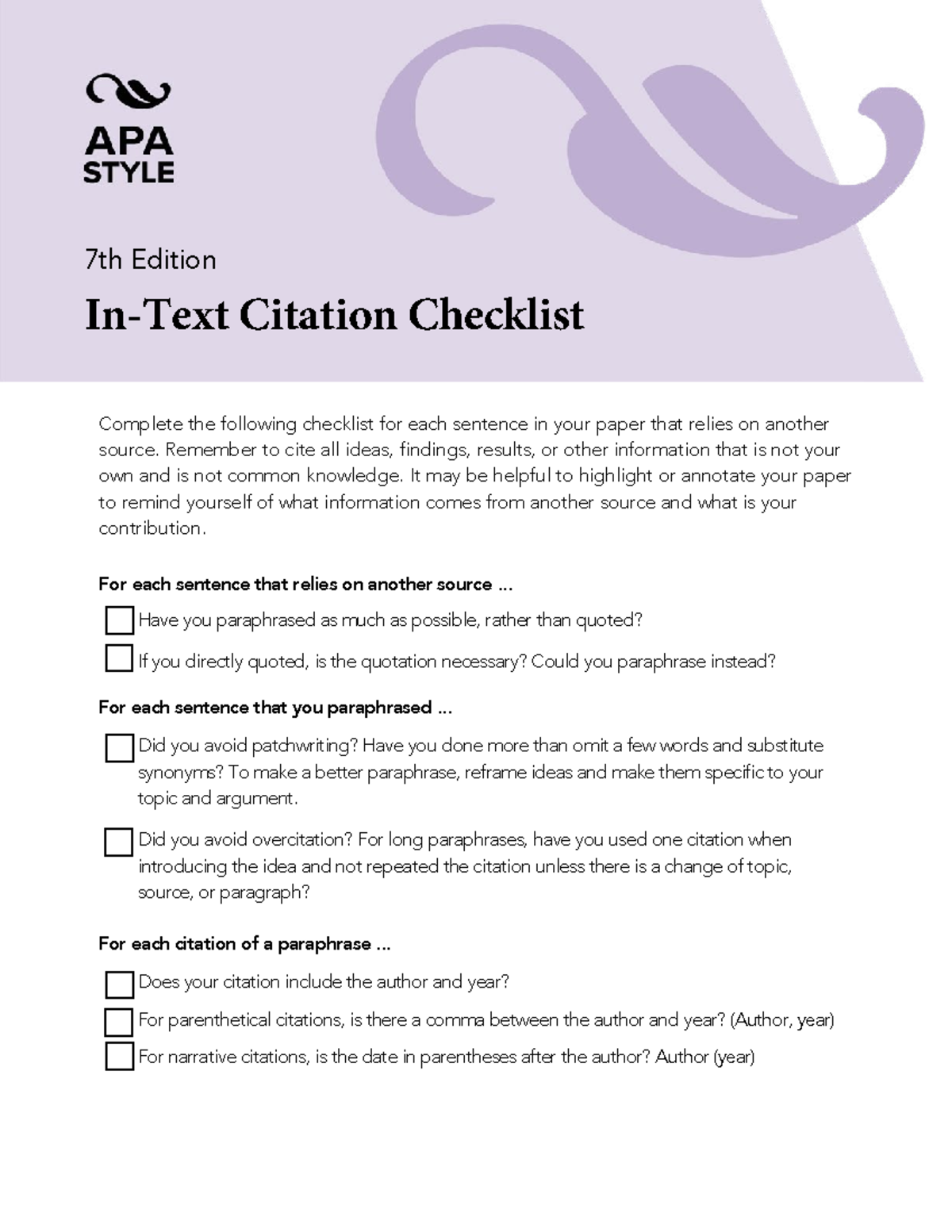 Academic Writing Sentence APA - 7th Edition In-Text Citation Checklist ...