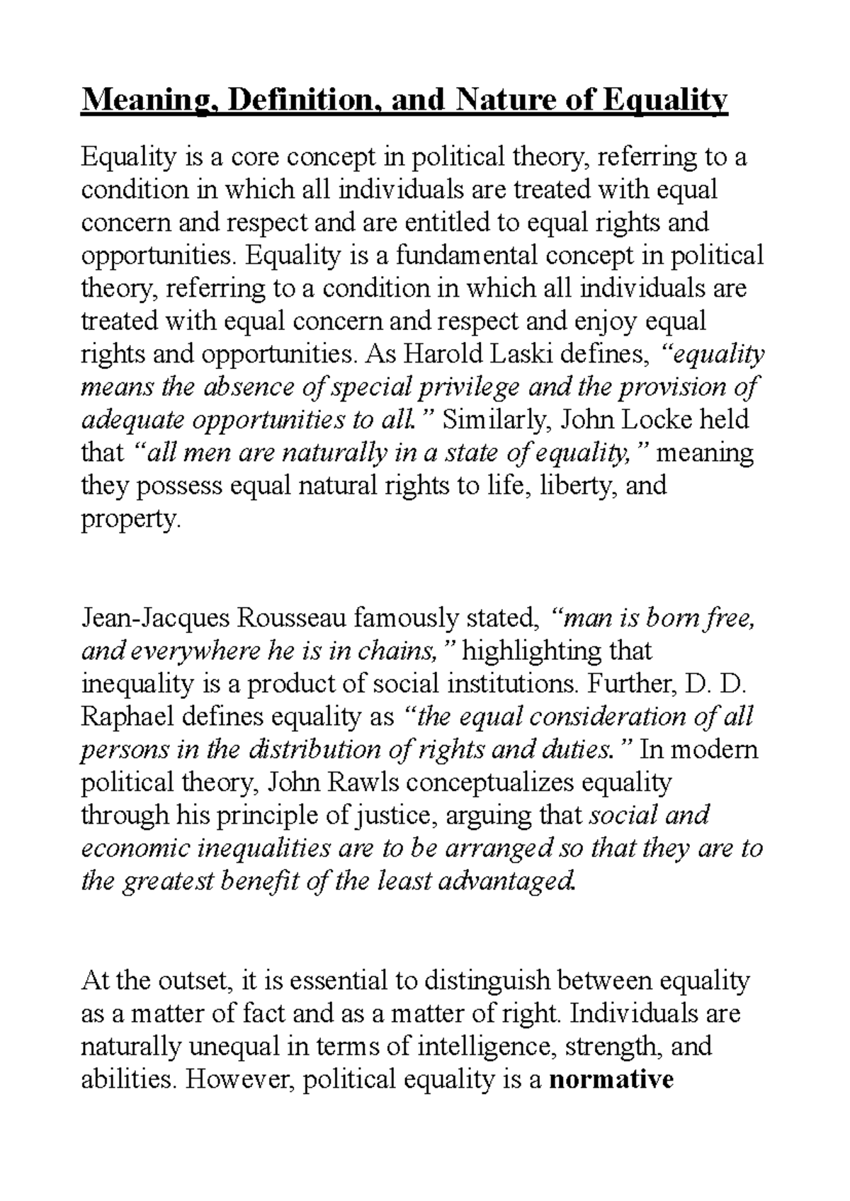 Equality in Political Theory: Meaning, Nature, and Dimensions - Studocu