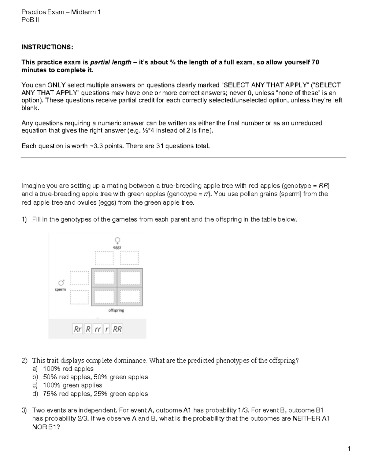 S26 Midterm 1 Practice Exam: Genetics and Inheritance Concepts - Studocu