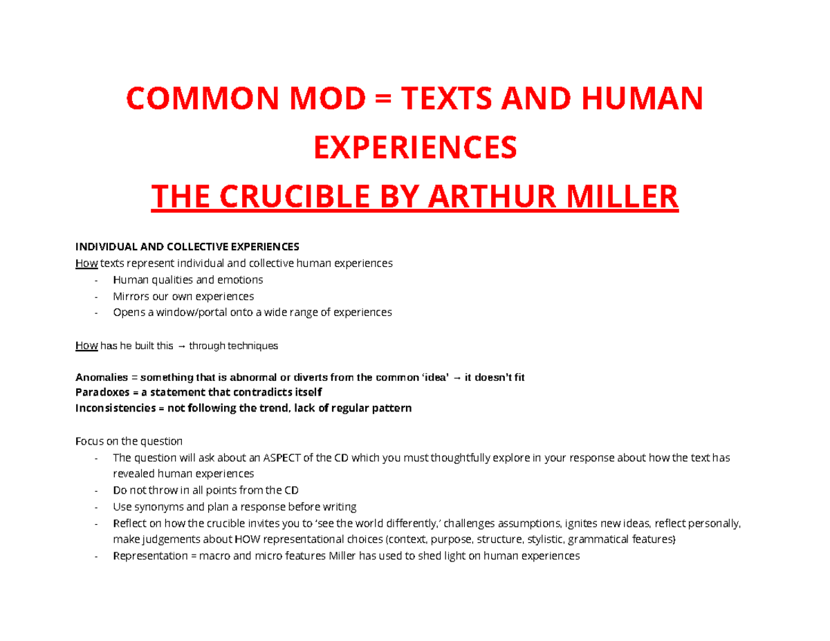 The Crucible Essay Notes: Exploring Human Experiences in Miller's Play ...