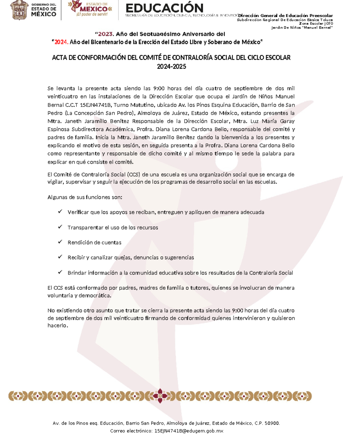 ACTA DE Conformación DEL Comité DE Contraloría Social DEL Ciclo Escolar ...