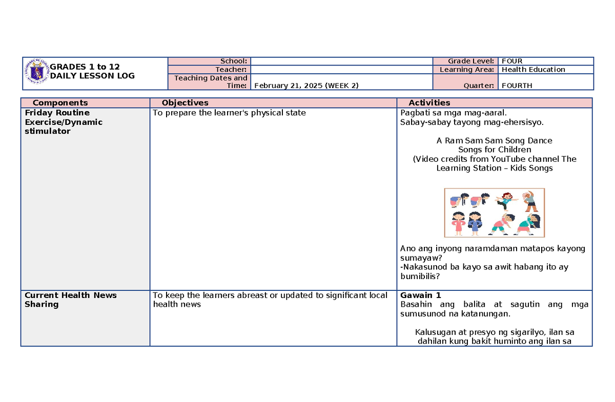 CUF Q4 W2 Health Mapeh 4 - LESSON - GRADES 1 to 12 DAILY LESSON LOG ...