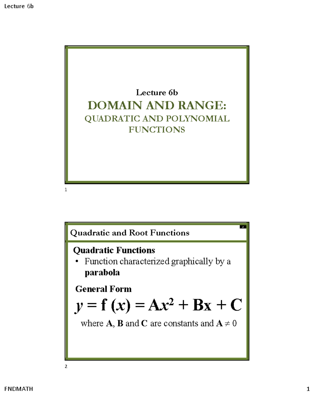 FNDMATH 6b Lecture Handout: Domain & Range of Quadratic & Polynomial ...