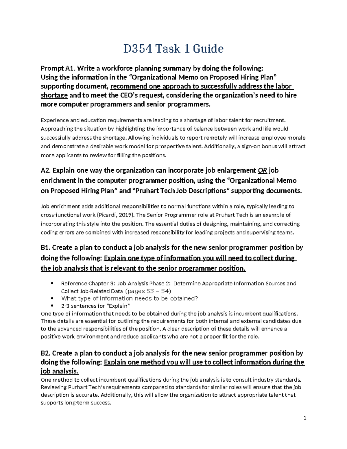 D354 - Task 1 - Task 1 - D354 Task 1 Guide Prompt A1. Write a workforce ...