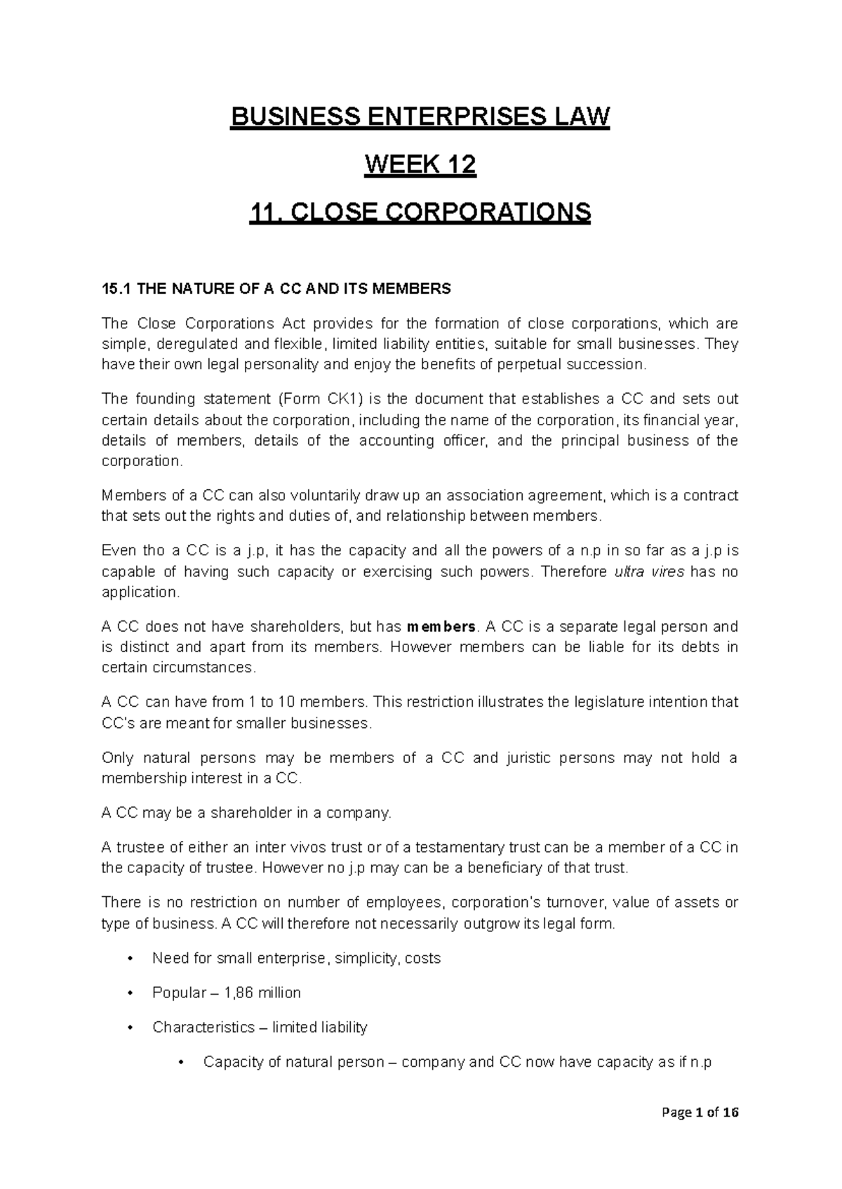 Close Corporations - BUSINESS ENTERPRISES LAW WEEK 12 11. CLOSE ...