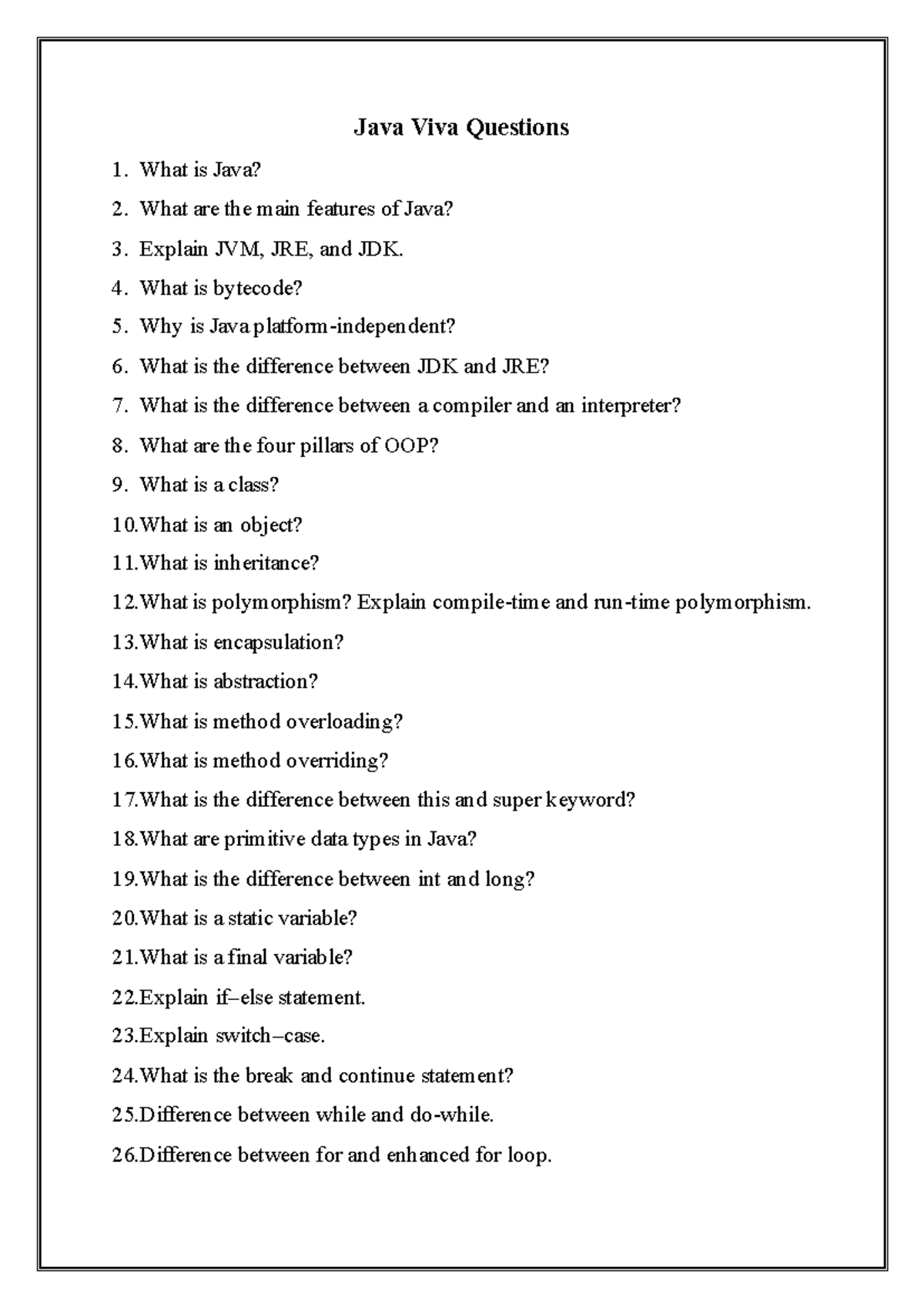 Java Viva Questions and Answers: Key Concepts and Features - Studocu