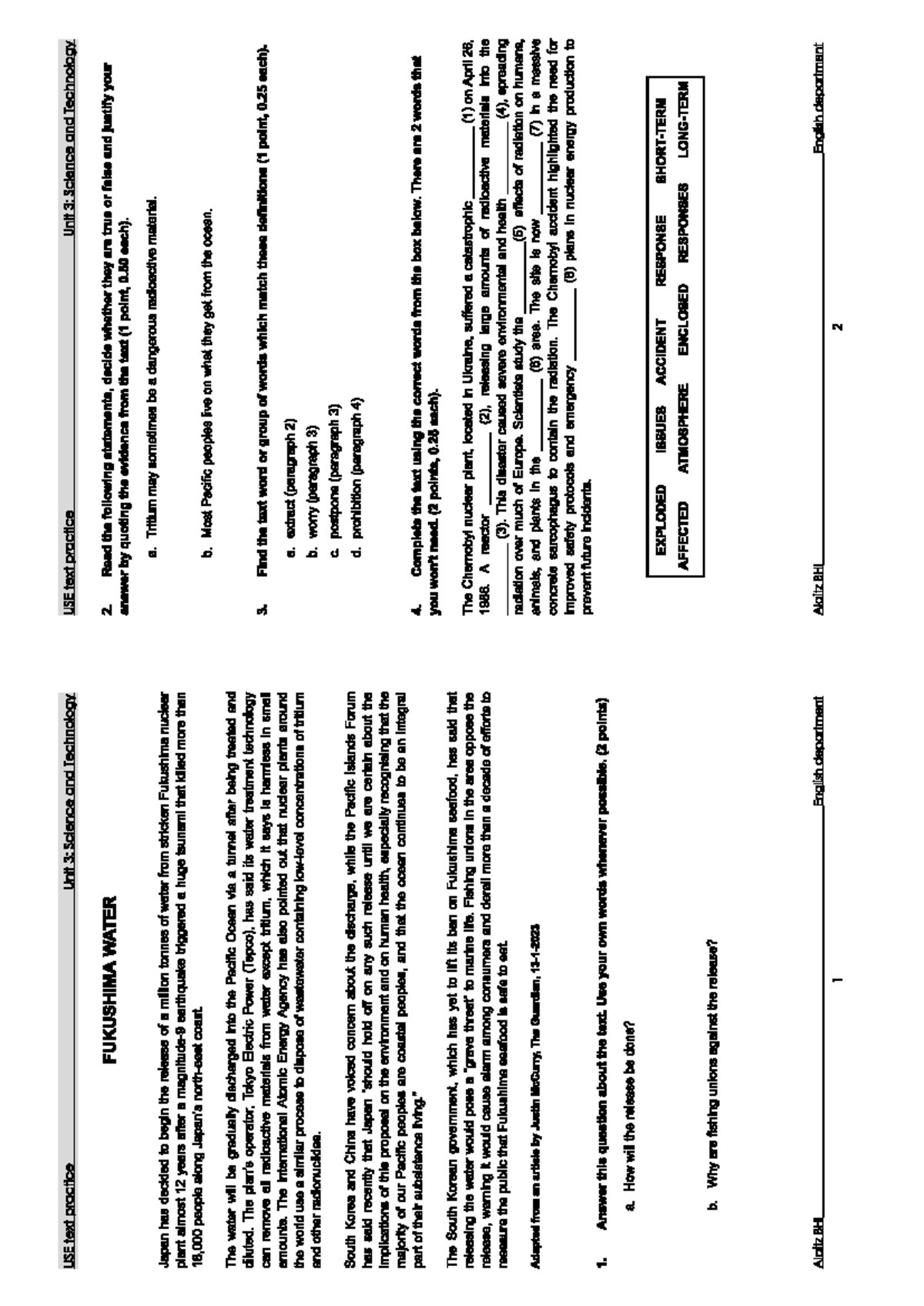 FUKUSHIMA WATER: USE Text Practice Unit 3 - Science & Technology Exam ...