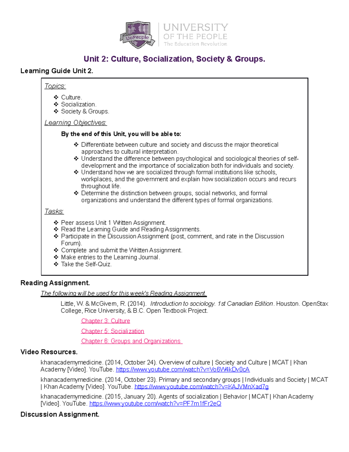 Learning Guide Unit 2 - Unit 2: Culture, Socialization, Society ...