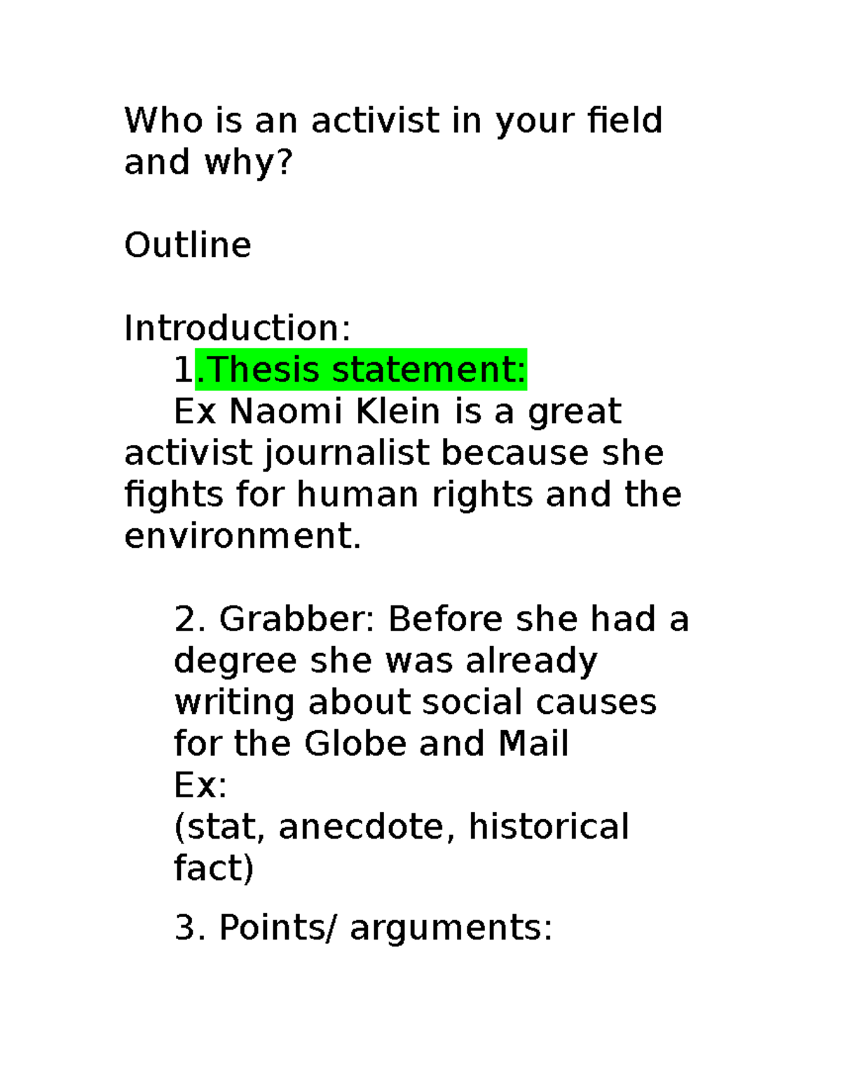 Outline exemple - Who is an activist in your field and why? Outline ...