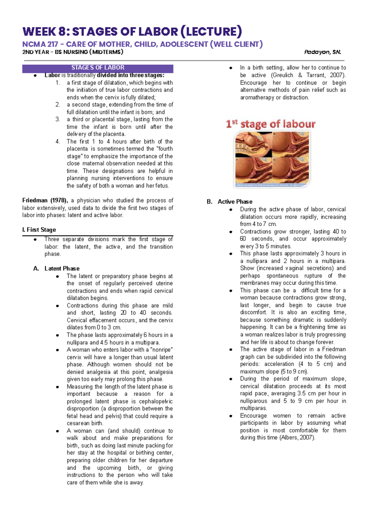 WEEK 8: Stages of Labor (Lecture) NCMA 217 Midterm Notes for Nursing ...