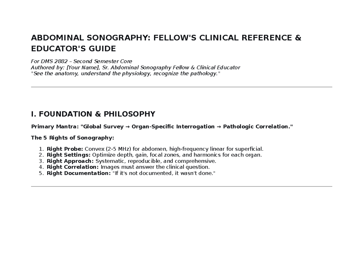 Comprehensive Abdominal Sonography Notes for DMS 2882 - 2nd Sem - Studocu