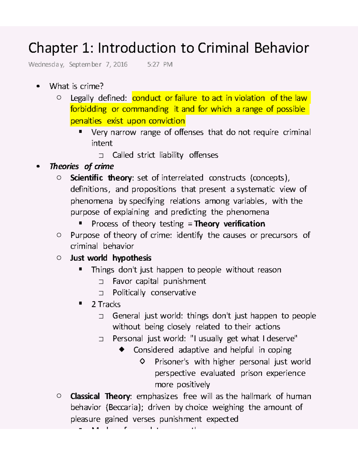 Chapter 1: Intro to Criminal Behavior - Key Concepts & Theories - Studocu