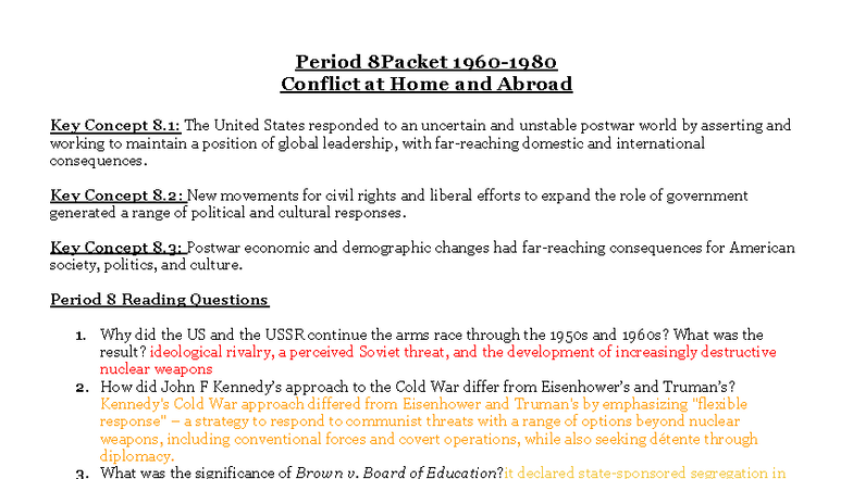 APUSH Unit 8 Review Packet: Key Concepts and Civil Rights Movements ...