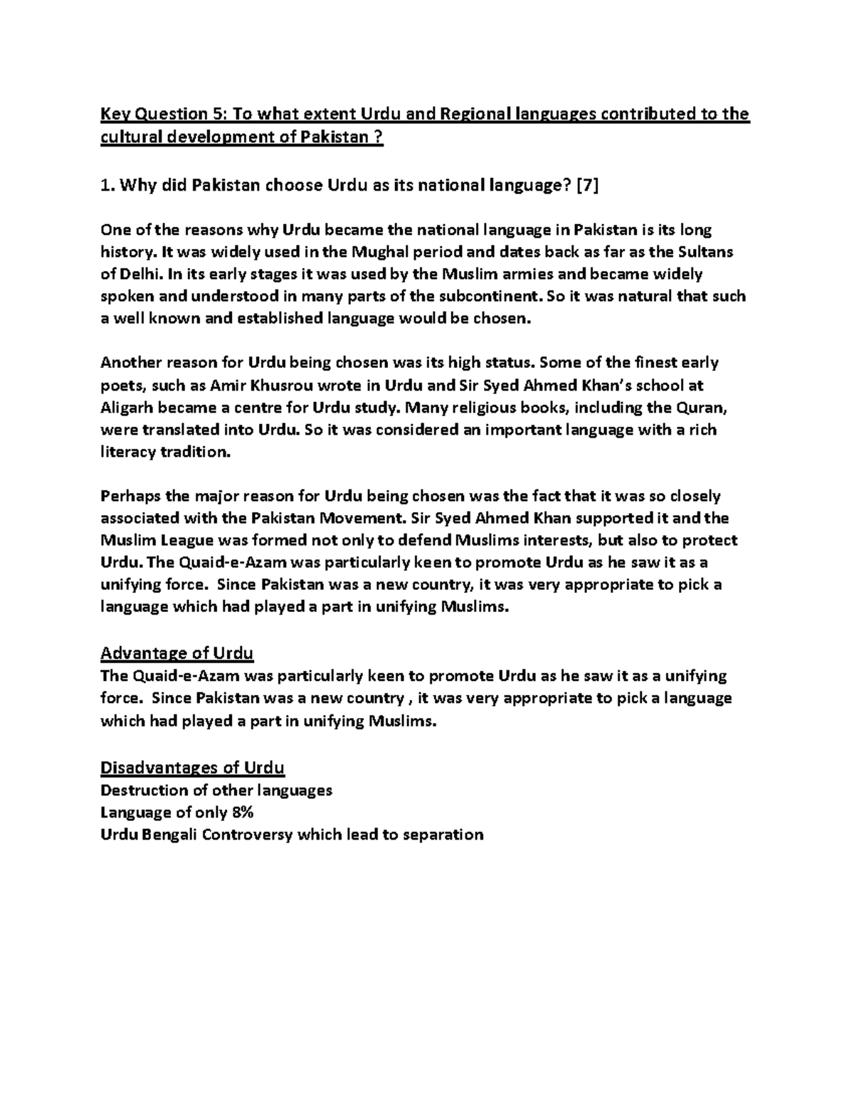 Key Questions For Ch 5 History Urdu Regional Languages Role In