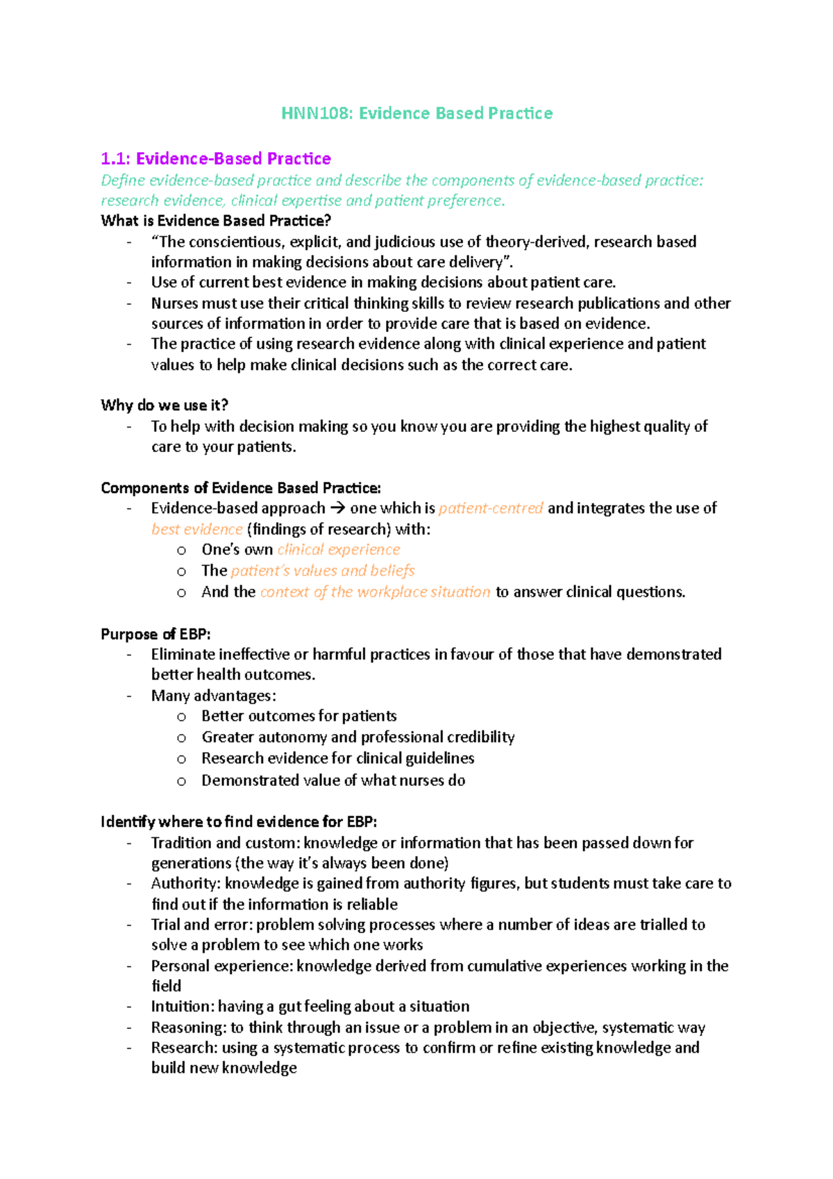 HNN108 Evidence-Based Practice Summary: Key Components & Steps - Studocu