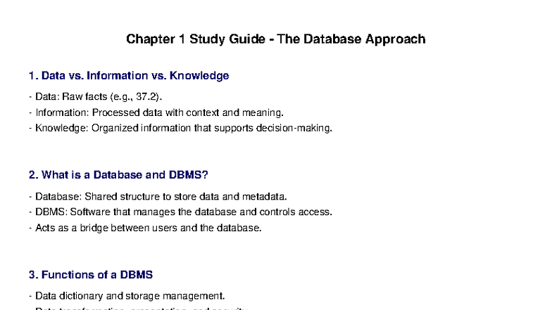 Chapter 1 Study Guide: Understanding the Database Approach - Studocu