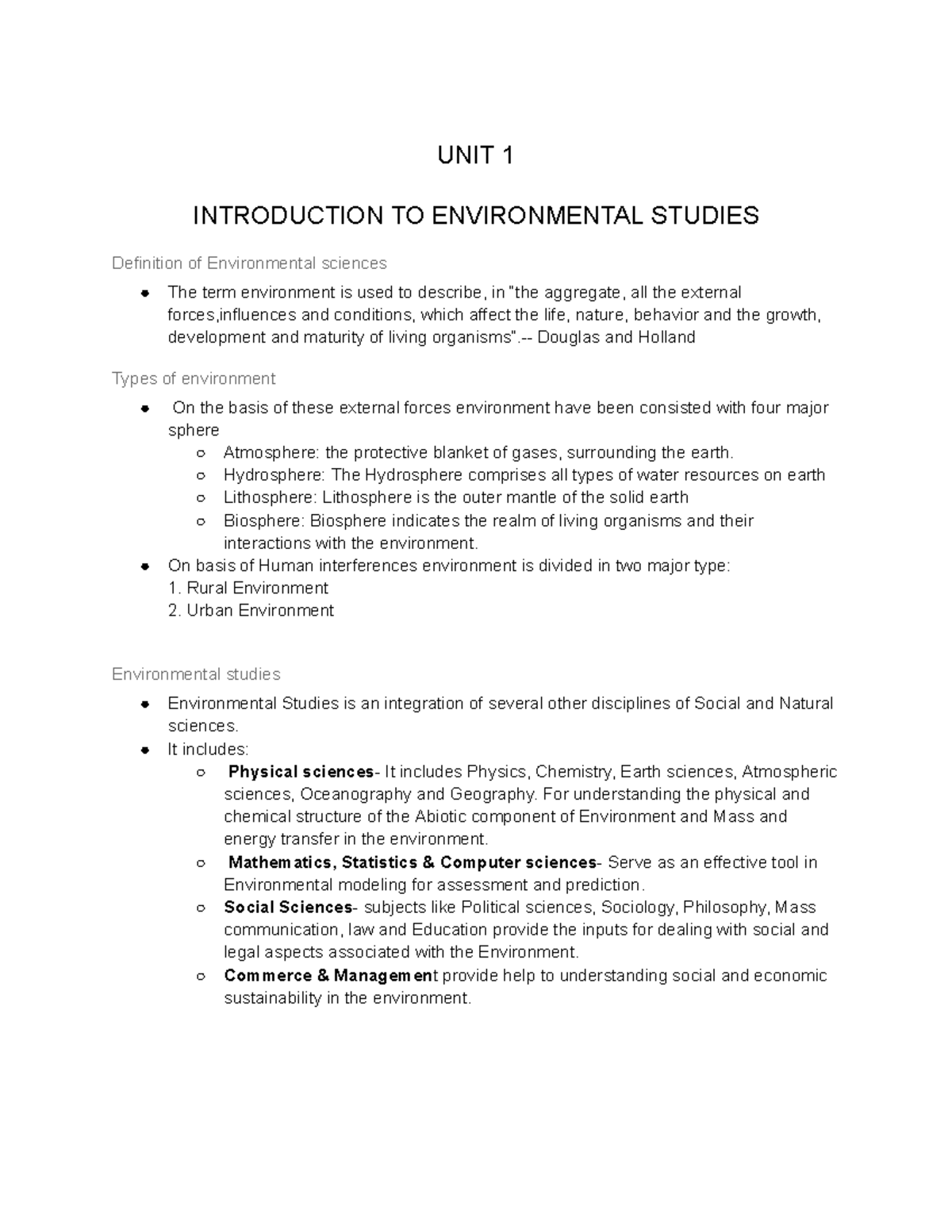 EVS 101: Unit 1 & 2 - Introduction to Environmental Studies and ...