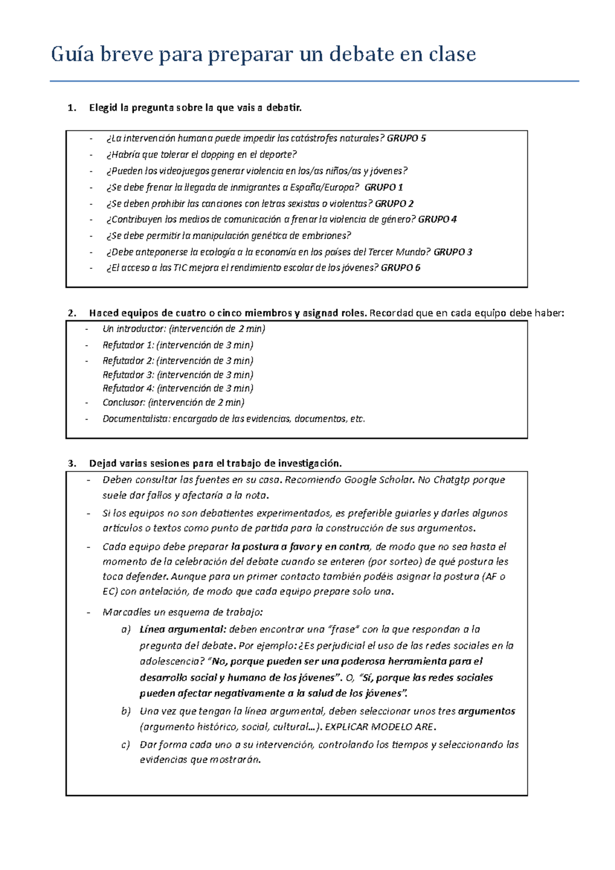 Guía para Preparar un Debate en Clase - GRUPO 1-6 - Studocu