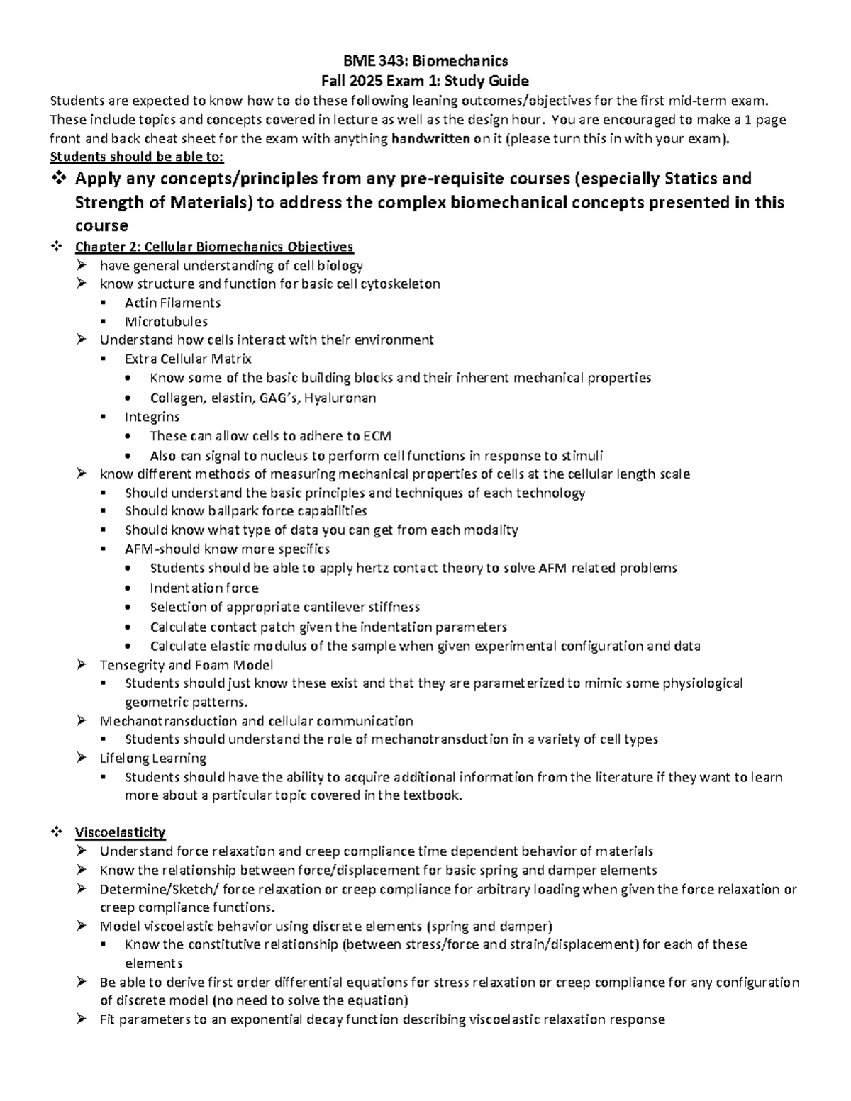BME 343: Biomechanics Fall 2025 Midterm 1 Study Guide - Studocu