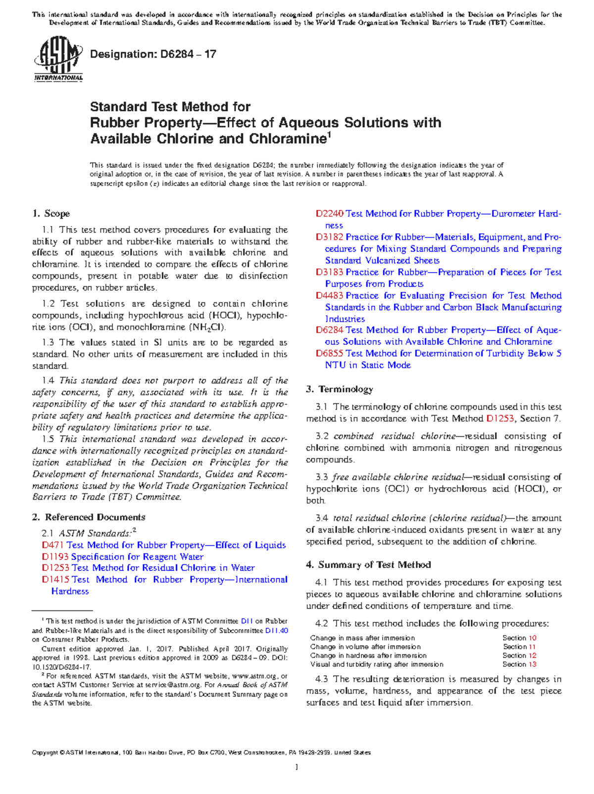 ASTM D6284-17 Standard Test Method for Rubber in Chlorine Solutions ...