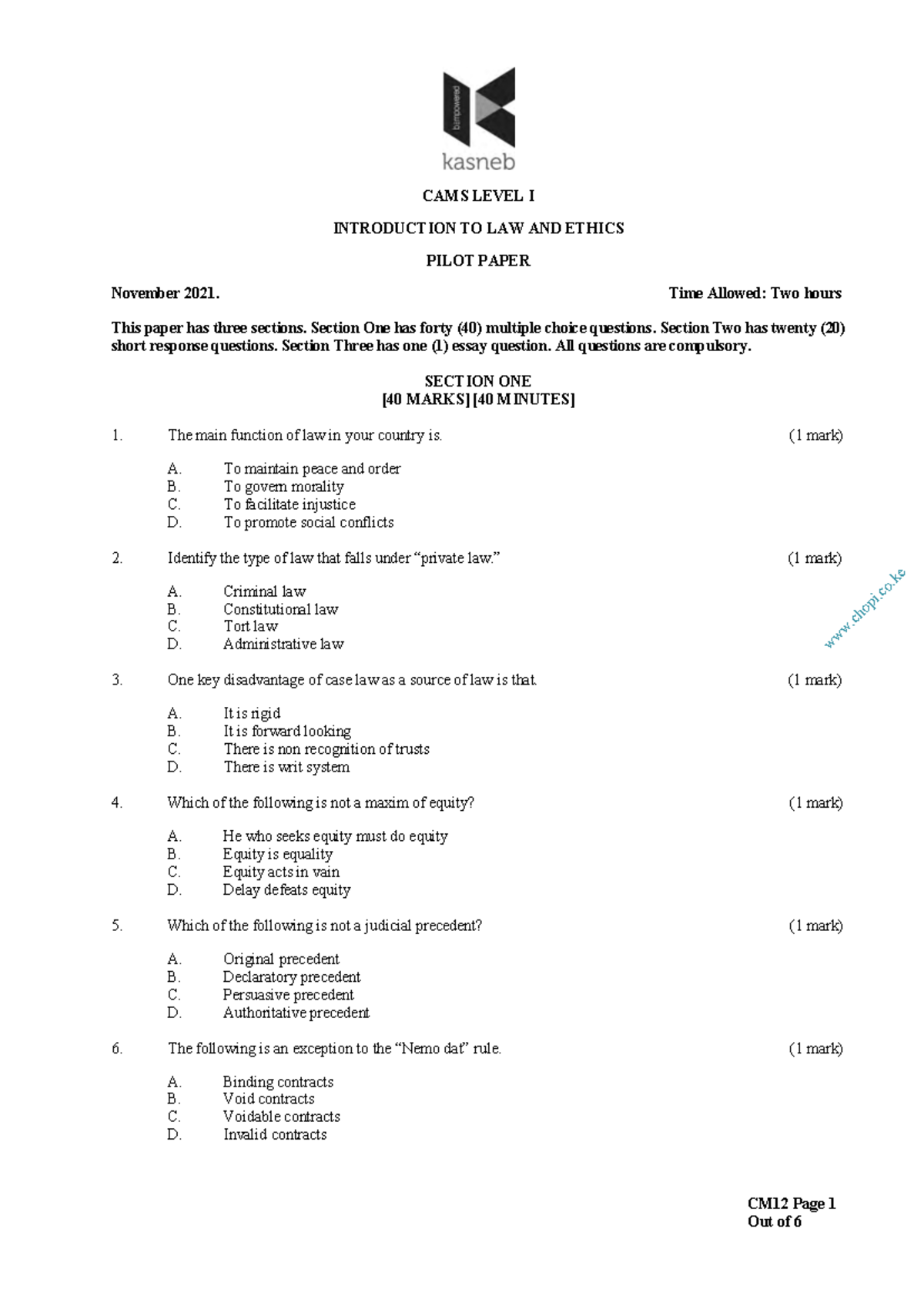 CAMS Level I Law & Ethics Pilot Paper - November 2021 Exam - Studocu